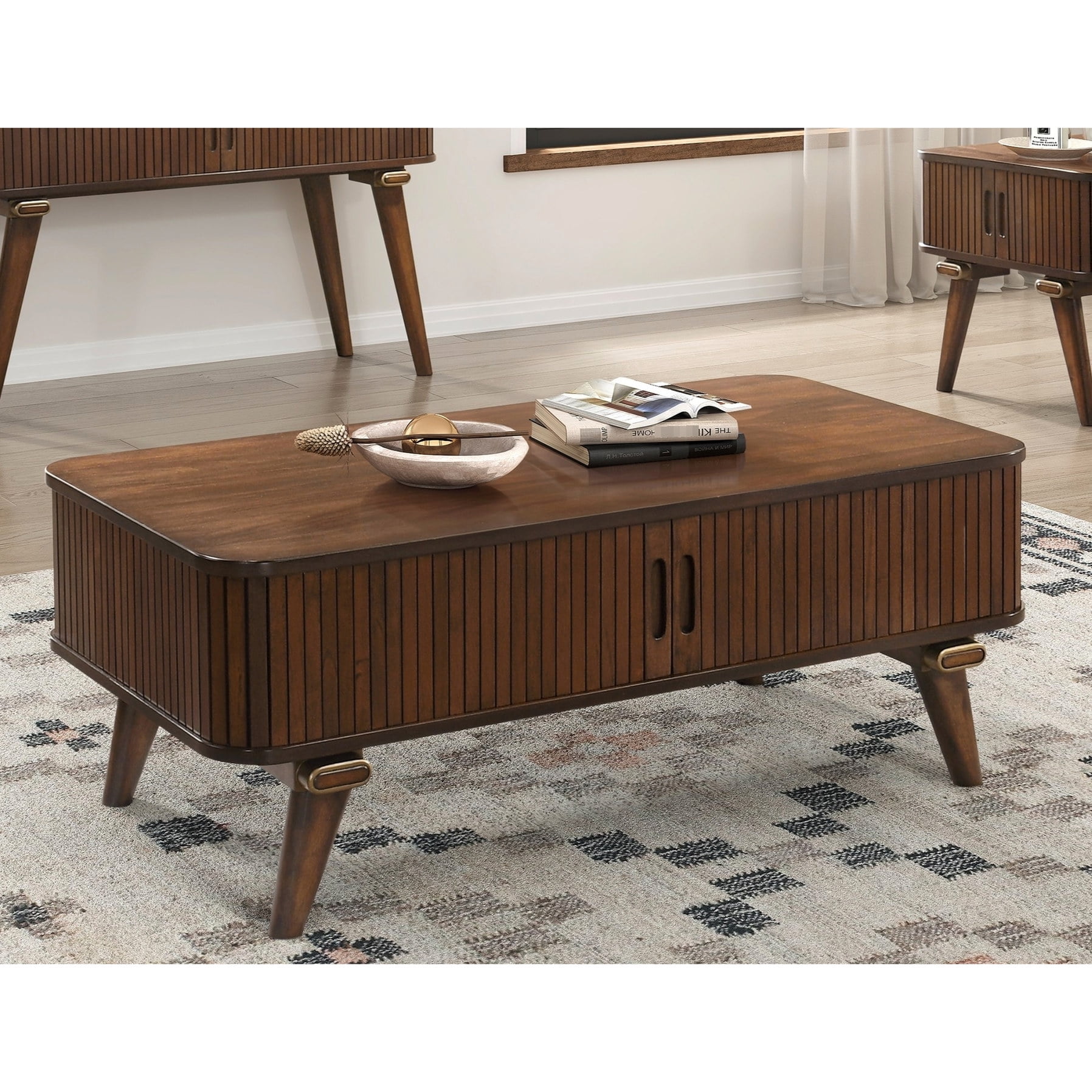 Wood Construction Table - Tambour Door Storage Design - Living Room ...