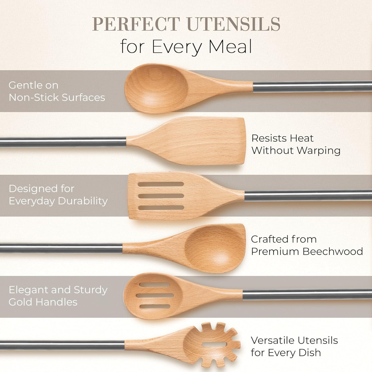 Wood Cooking Utensils Set with Stainless Steel Handles – 6-PC Durable ...