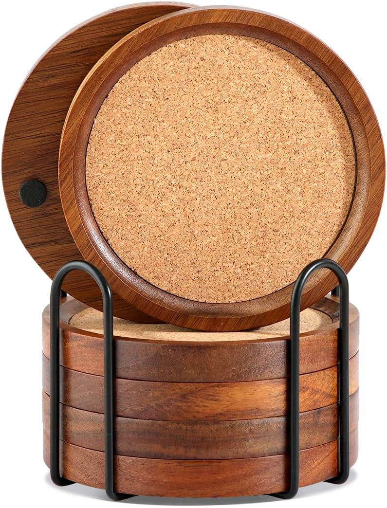 Wood Cork Coasters for Drinks Absorbent with Holder, Large Wooden ...