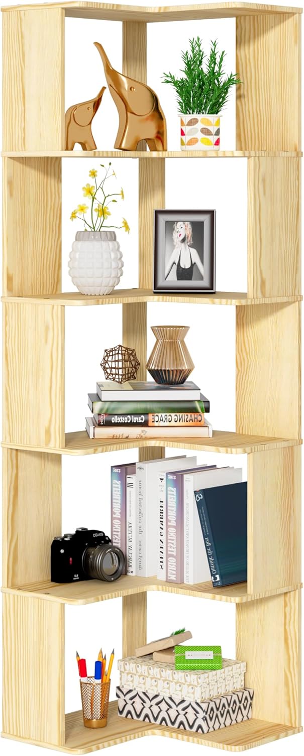 Wood Corner Bookshelf 5-Tier - 62 inch Tall Corner Bookcase Modern L ...