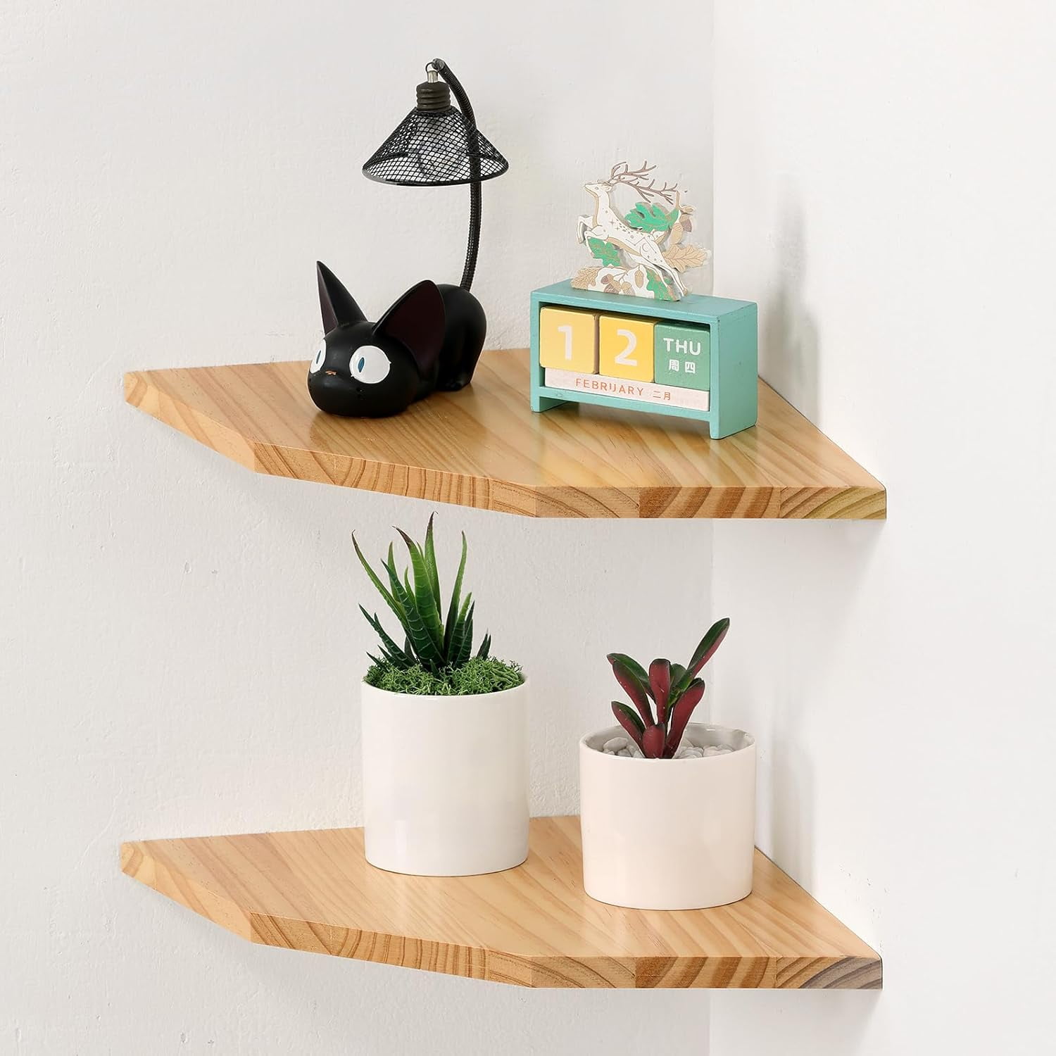 Wood Corner Wall Shelves Set of 2, Solid Wood Corner Floating Shelves ...