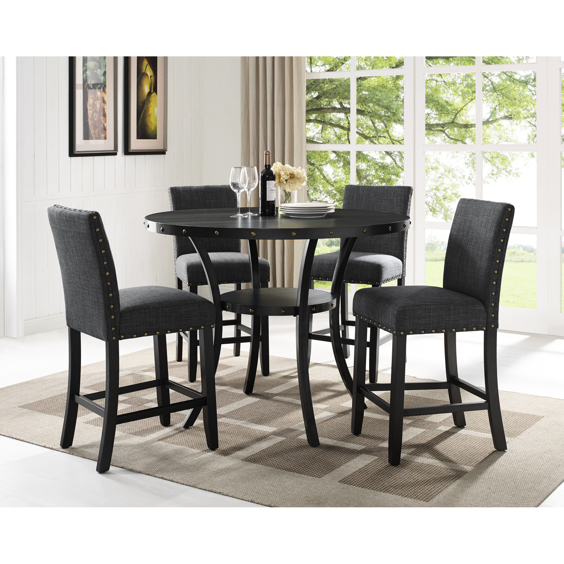 Wood Counter Height Dining With Grey Fabric Stools - Metal Legged Table ...