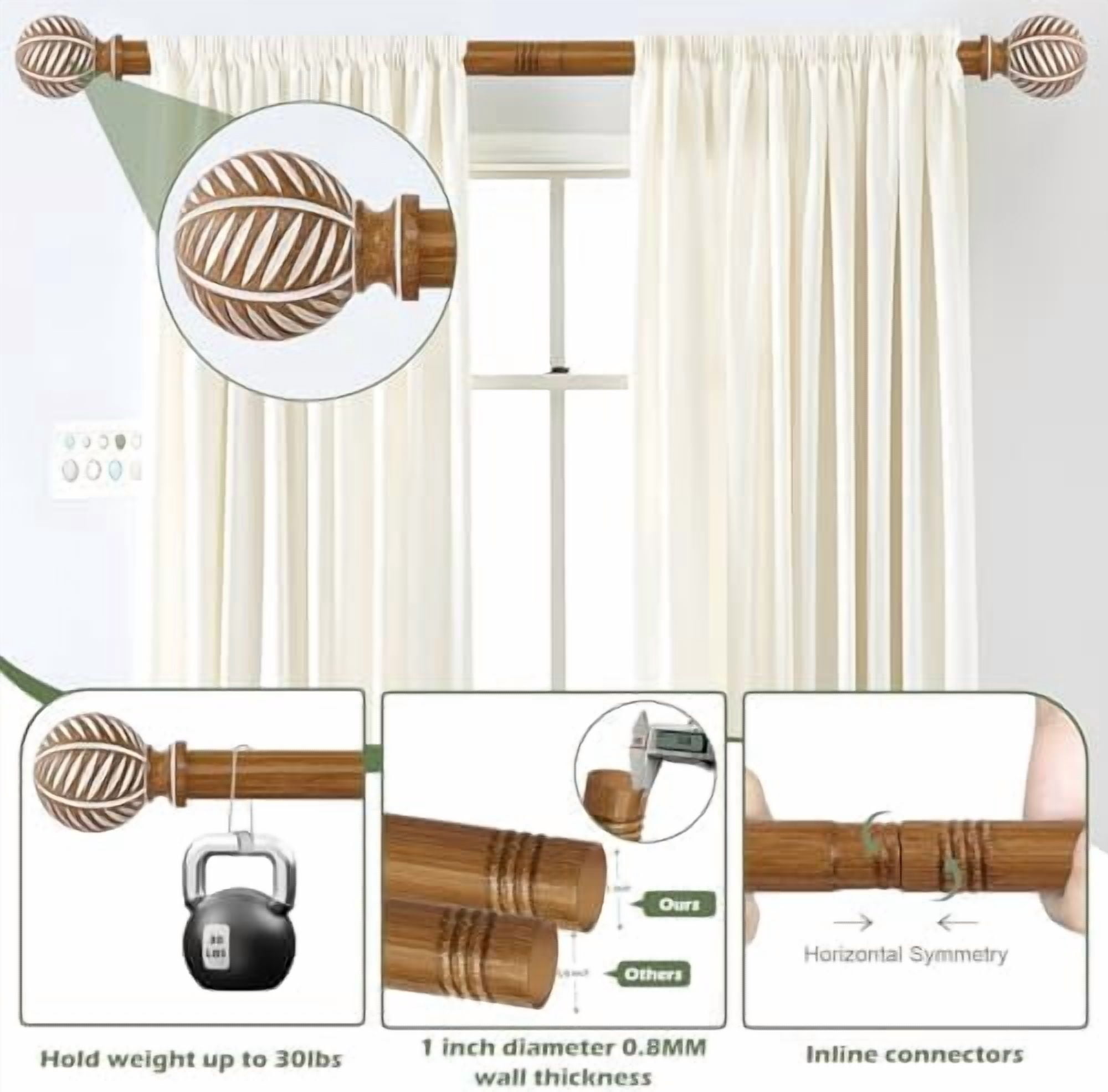 Wood Curtain Rods 66 to 120 Inch,1 Inch Boho Adjustable Curtain Rod ...