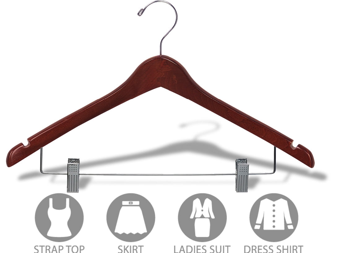 Wood Curved Combo Hanger w/ Adjustable Cushion Clips, Box of 50 17 Inch ...