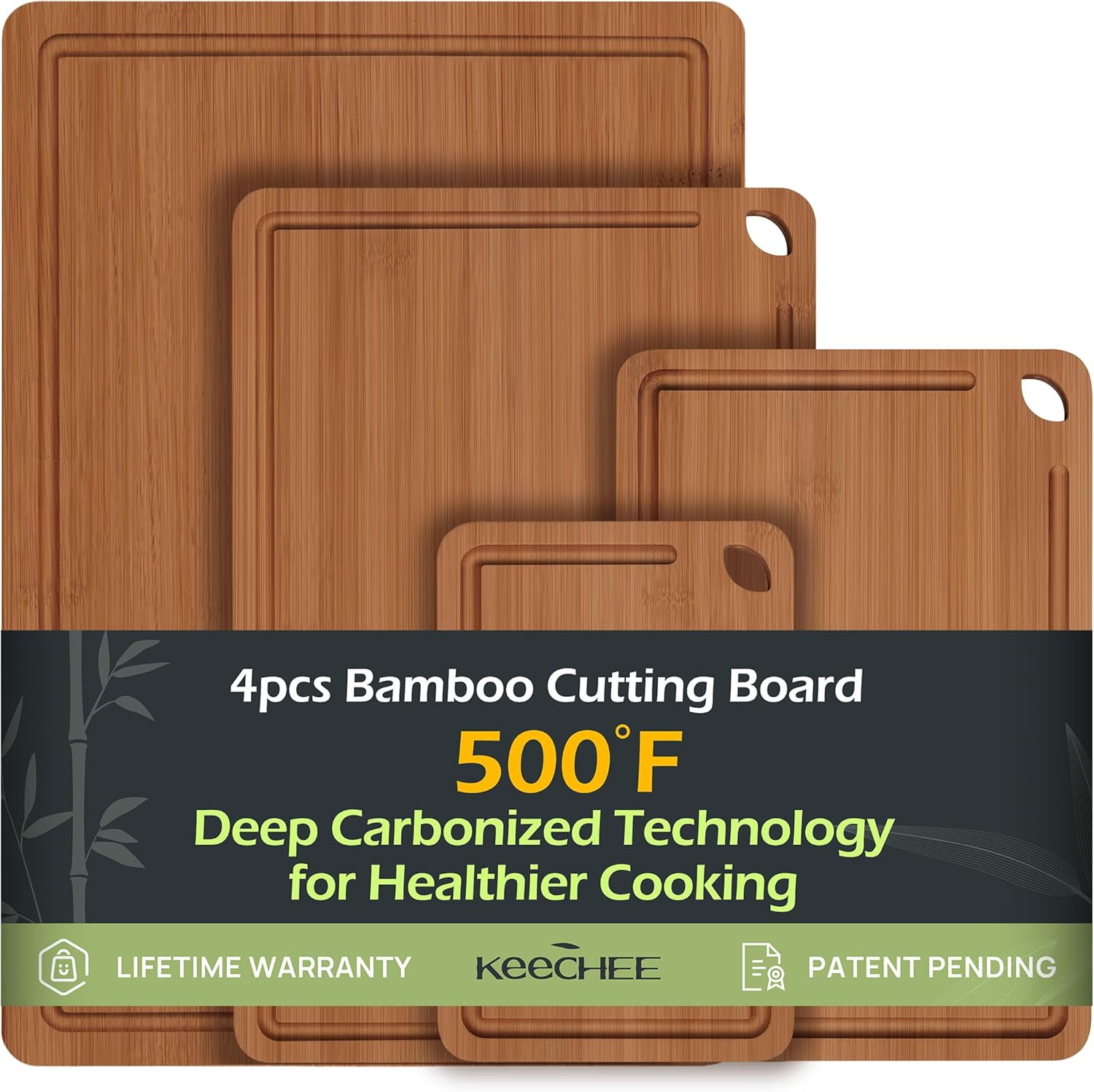 Wood Cutting Board, Carbonized Bamboo Set With Smooth Surface & Easy ...