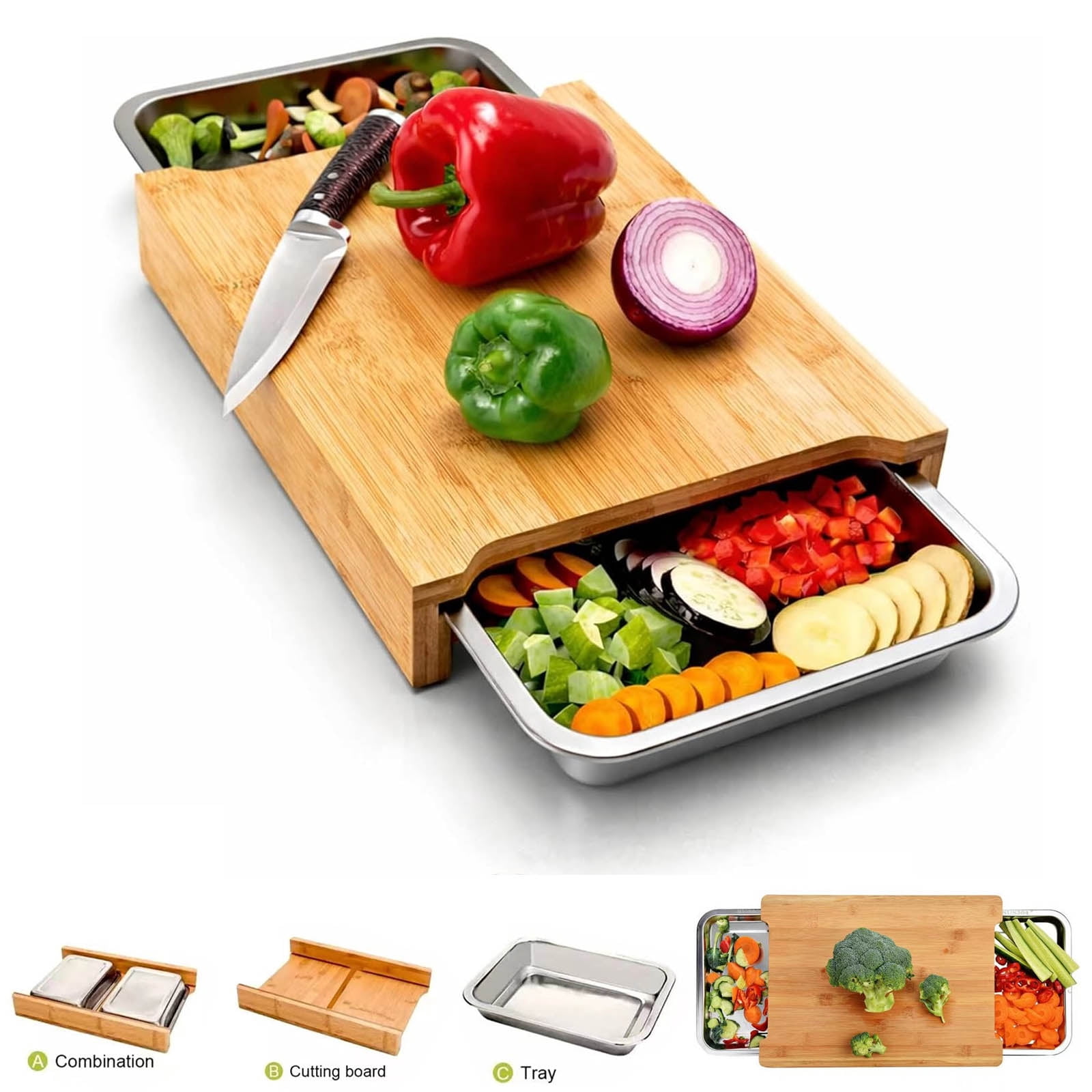 Wood Cutting Board with Slide Out Trays,Catches Food and Waste,Solid ...