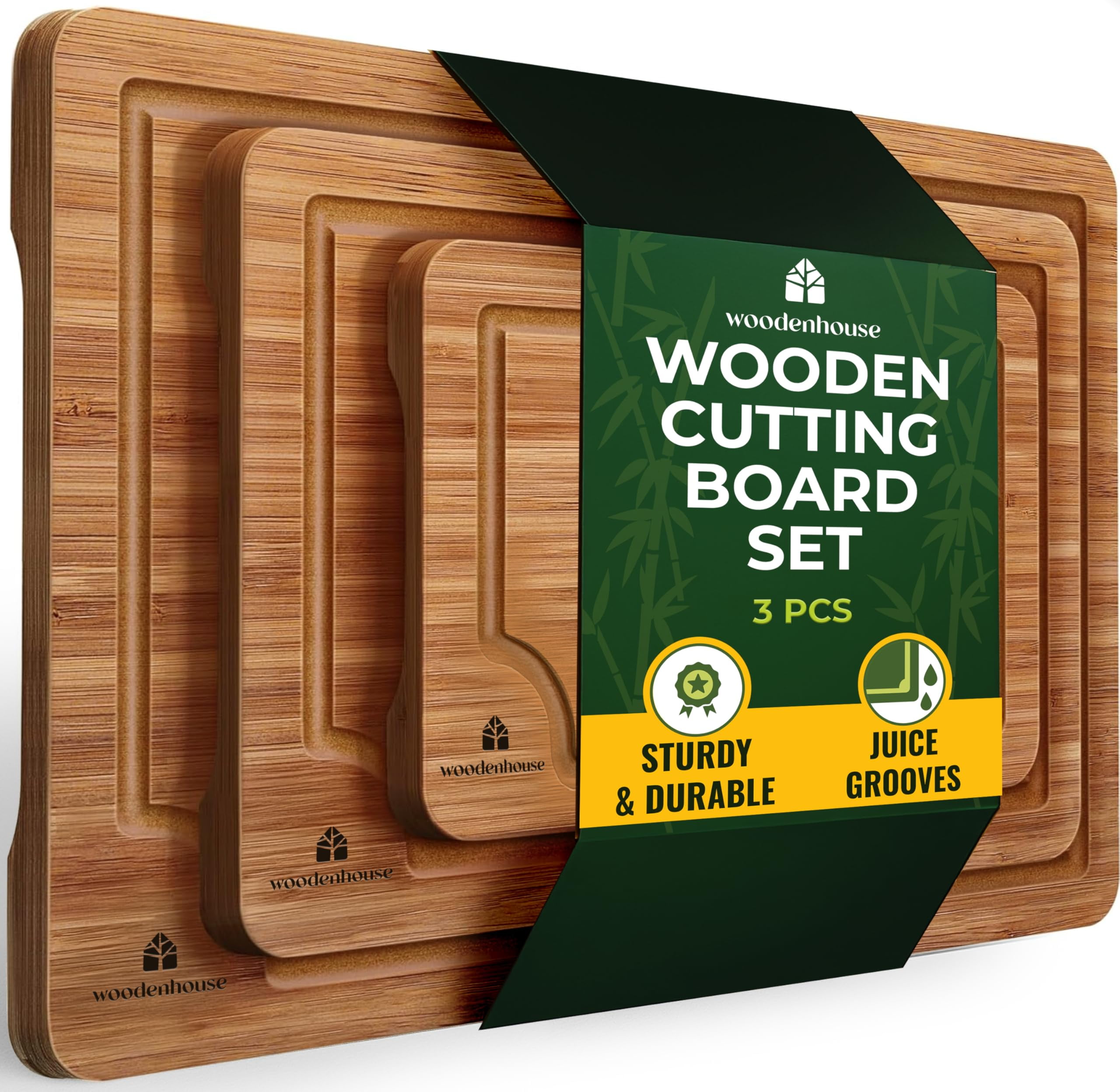 Wood Cutting Boards Set of 3 – Thick & Sturdy Bamboo Cutting Board with ...