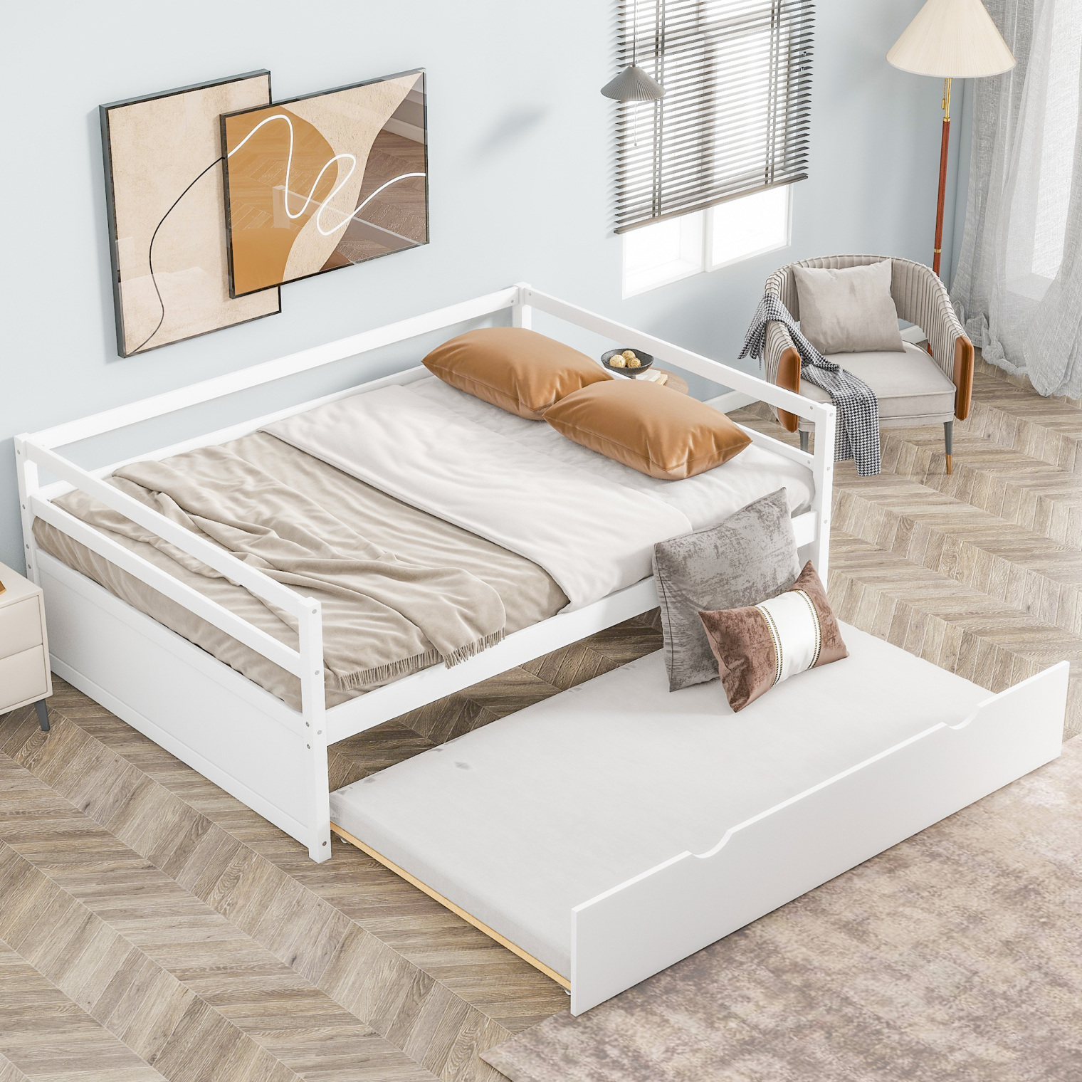 Wood Daybed with Trundle, Twin Size Sofa Bed with Pullout Trundle & Wooden Slats Support, Space ...