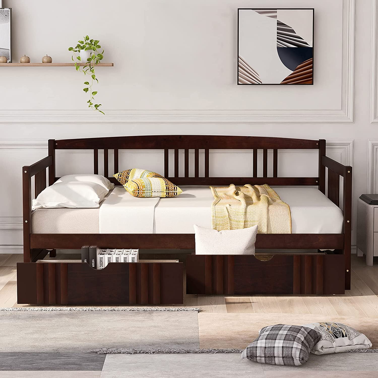 Wood Daybed with Rails Twin Bed Wooden Slats Support Modern Living ...