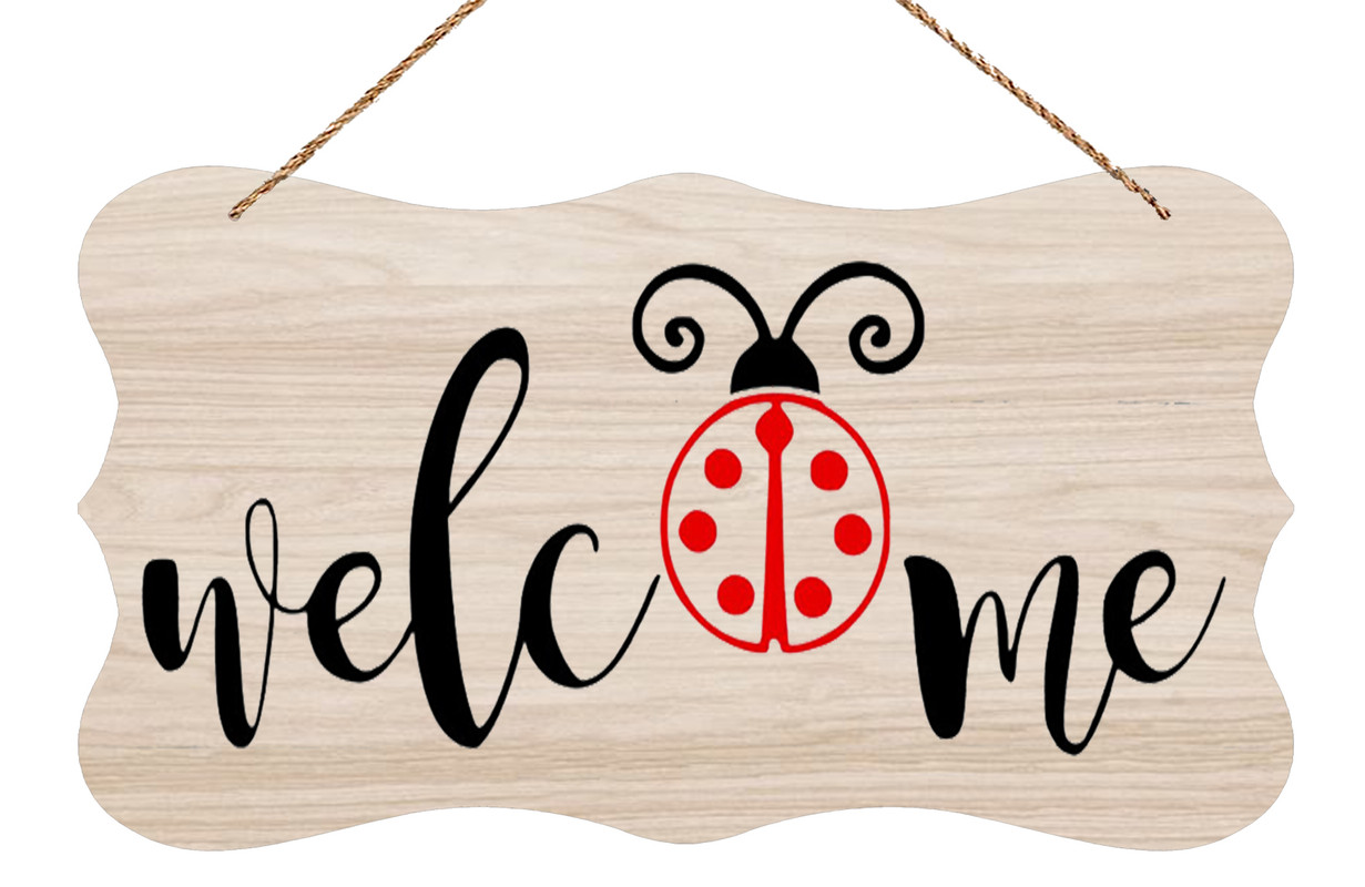 Wood Decor Sign Welcome Ladybug Greeting Door Hanger Hanging Wooden ...
