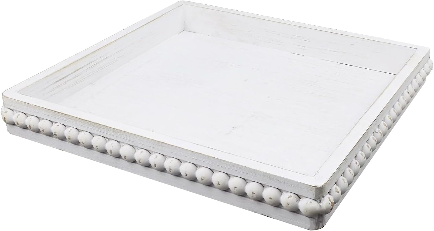 Wood Decorative Tray, Distressed Outdoor Serving Tray with Wooden bead for Ottoman, Coffee Table ...