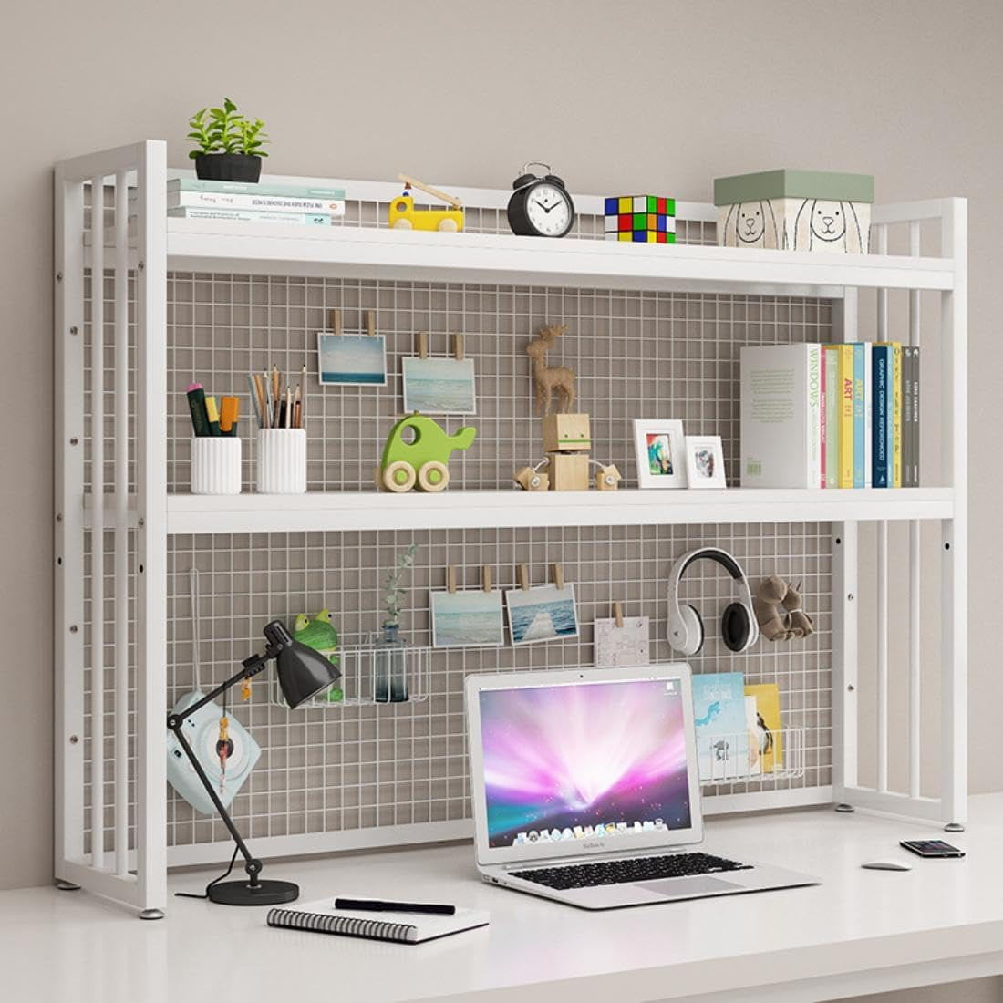 Wood Desk Hutch Bookshelf with Metal Grid, Desktop Bookcase with ...