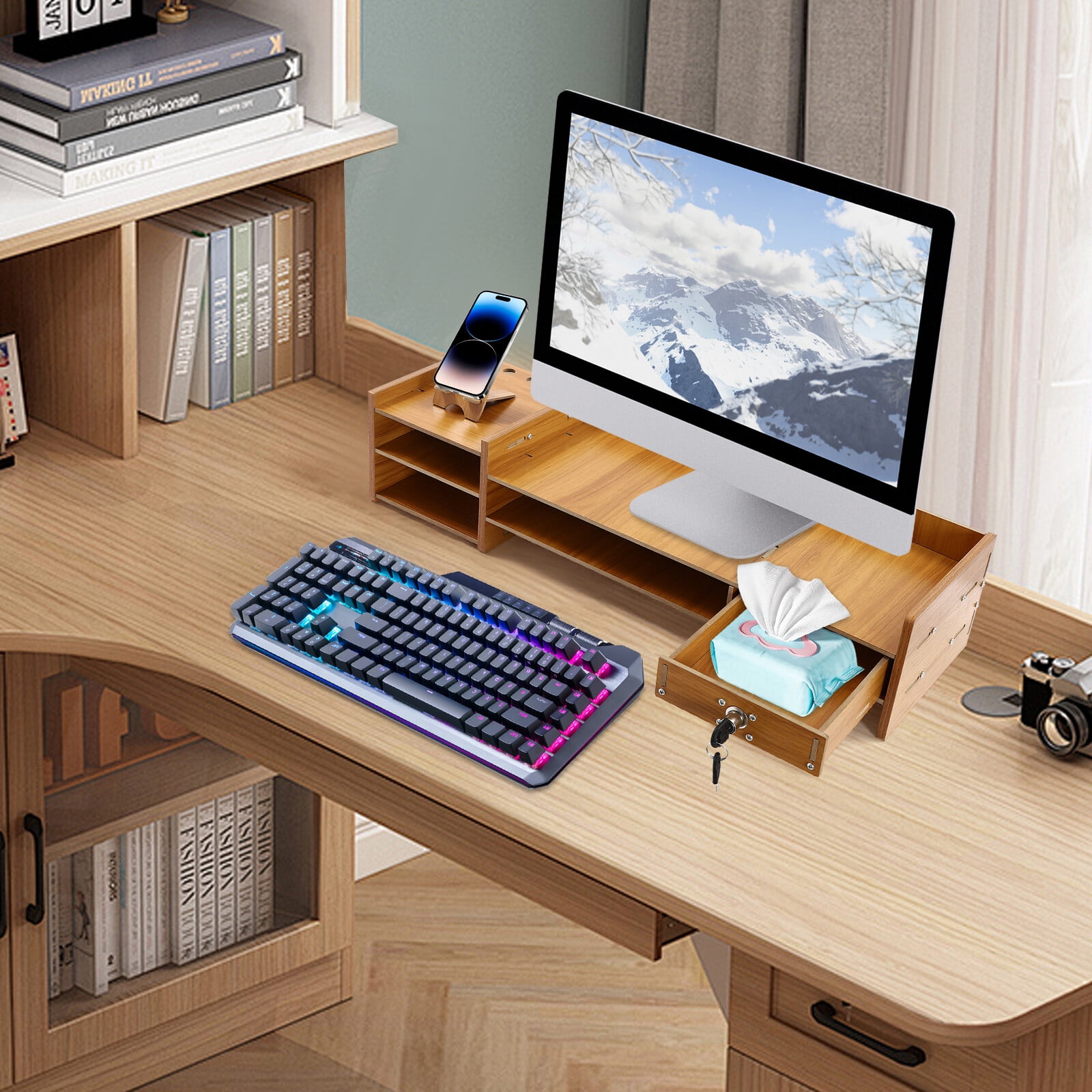 Wood Desk Organizer Office Home Computer Monitor Stand Holder Desktop ...