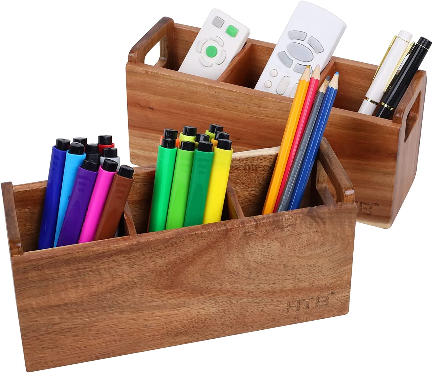 Wood Desk Organizers Pack of 2 by HTB, 3 Compartment Pen and Pencil ...