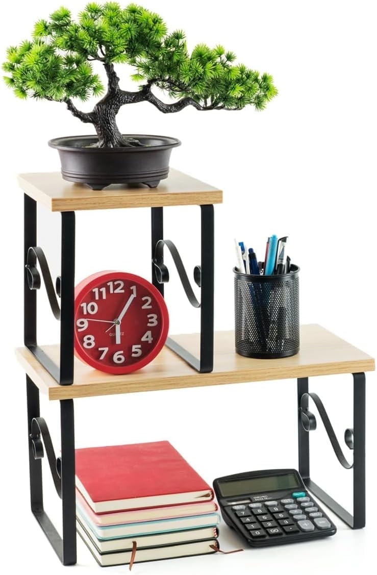 Wood Desktop Bookshelf, 2-Tier Adjustable Wooden Display Shelf ...