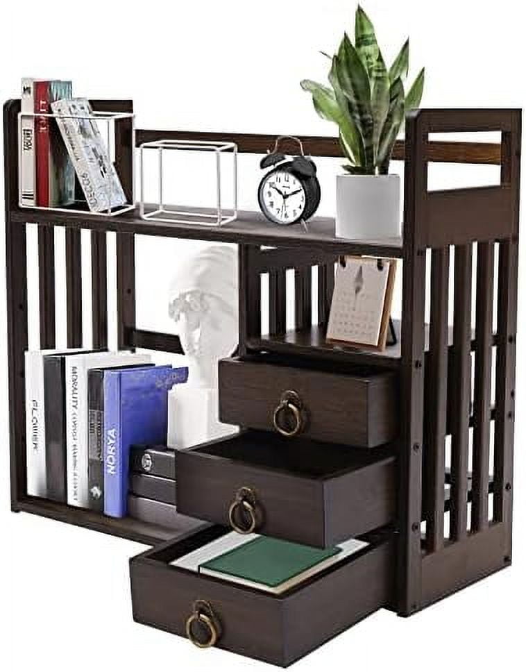 Wood Desktop Bookshelf, Bamboo Desk Organizer with 3 Drawers, Office ...