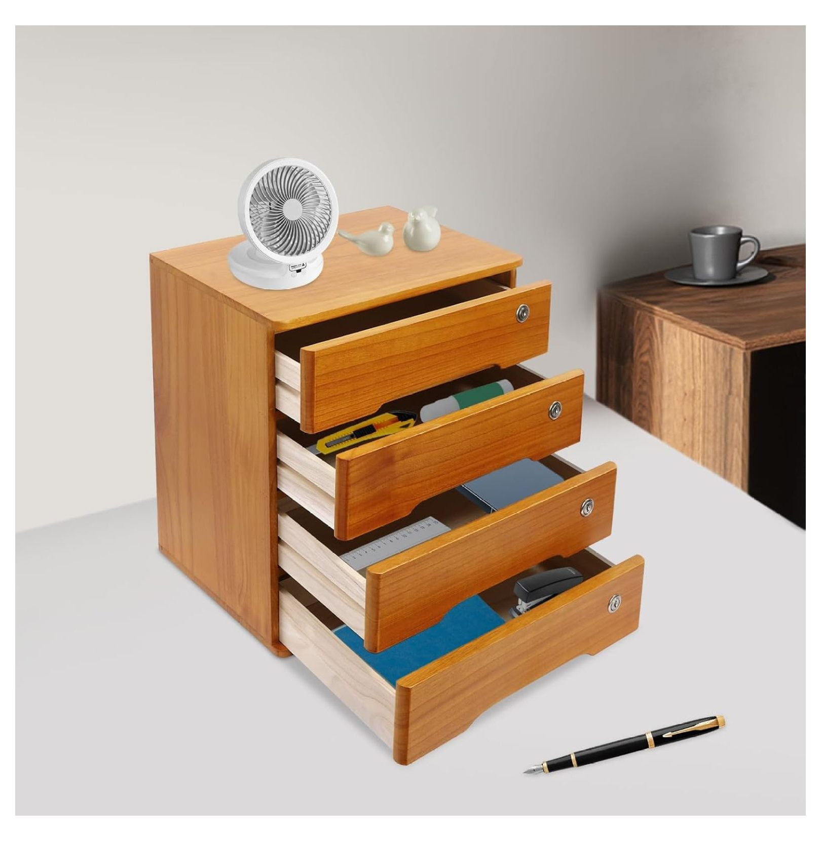 Wood Desktop Storage Box 4-Tier File Storage Cabinet with Lockable ...