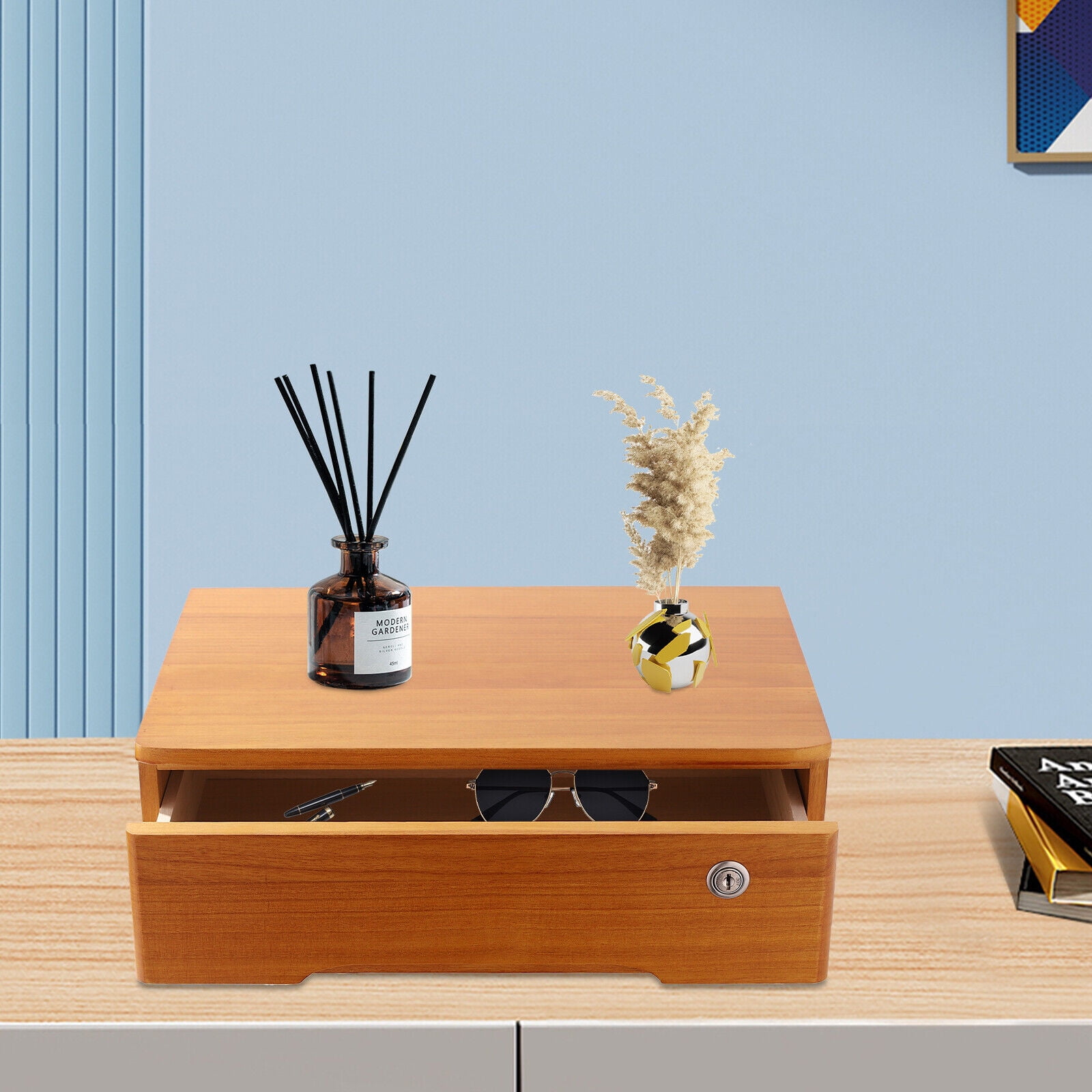 Wood Desktop Storage Box with Lockable Drawer Wooden Yellow Desktop ...