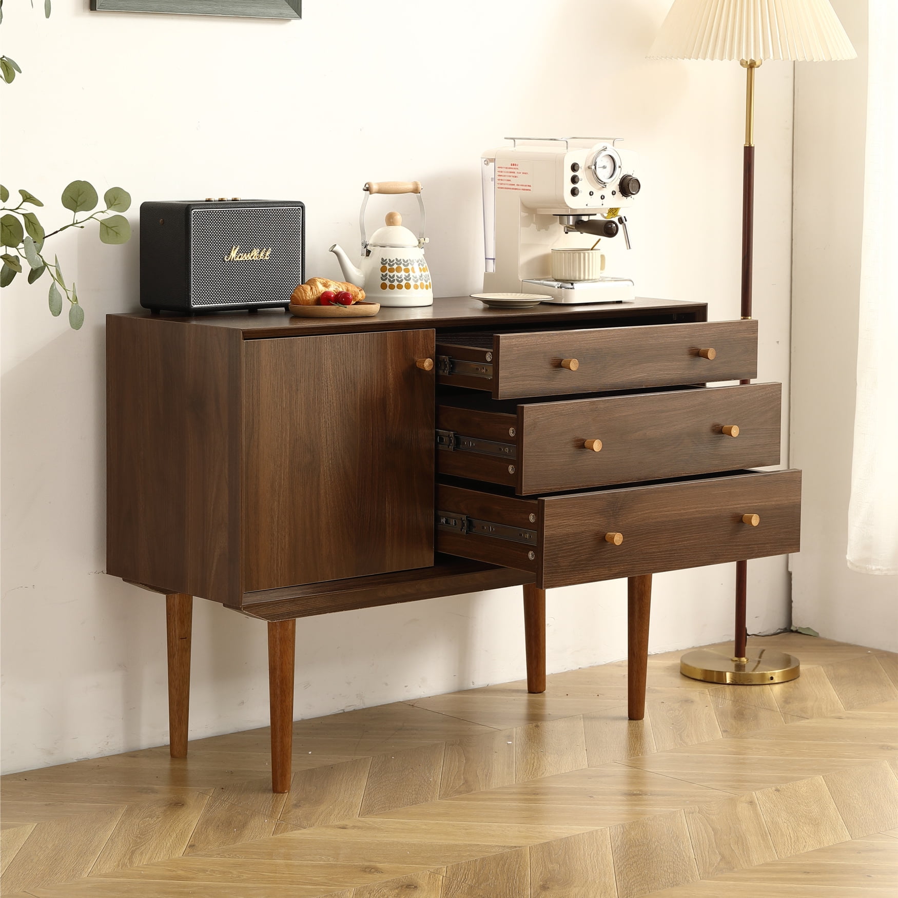 Wood Dining Cabinet, Mid-Century Modern Kitchen Buffet Sideboard with 3 ...