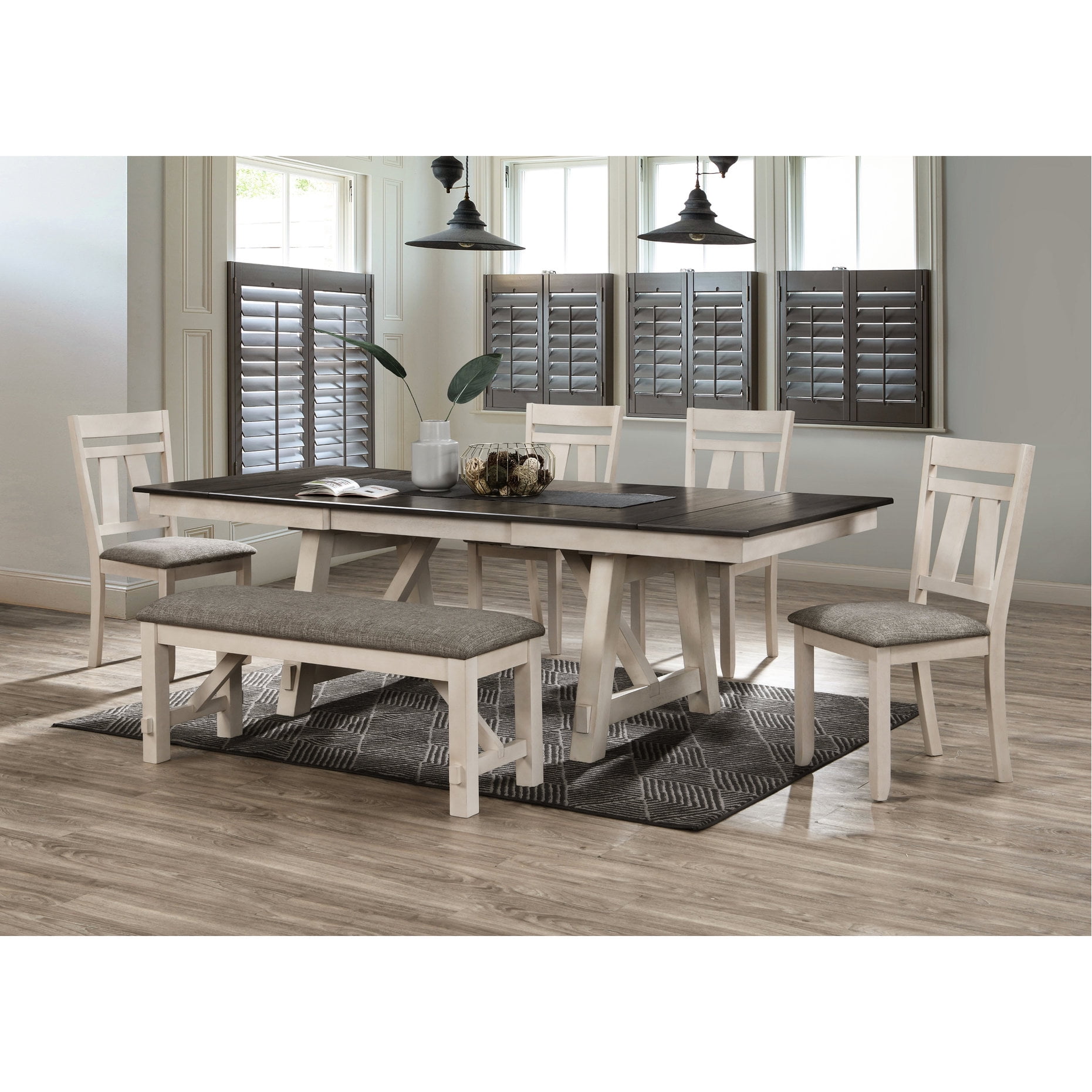 Wood Dining Set with Extendable Table, Two-tone Finish, Bench Included ...