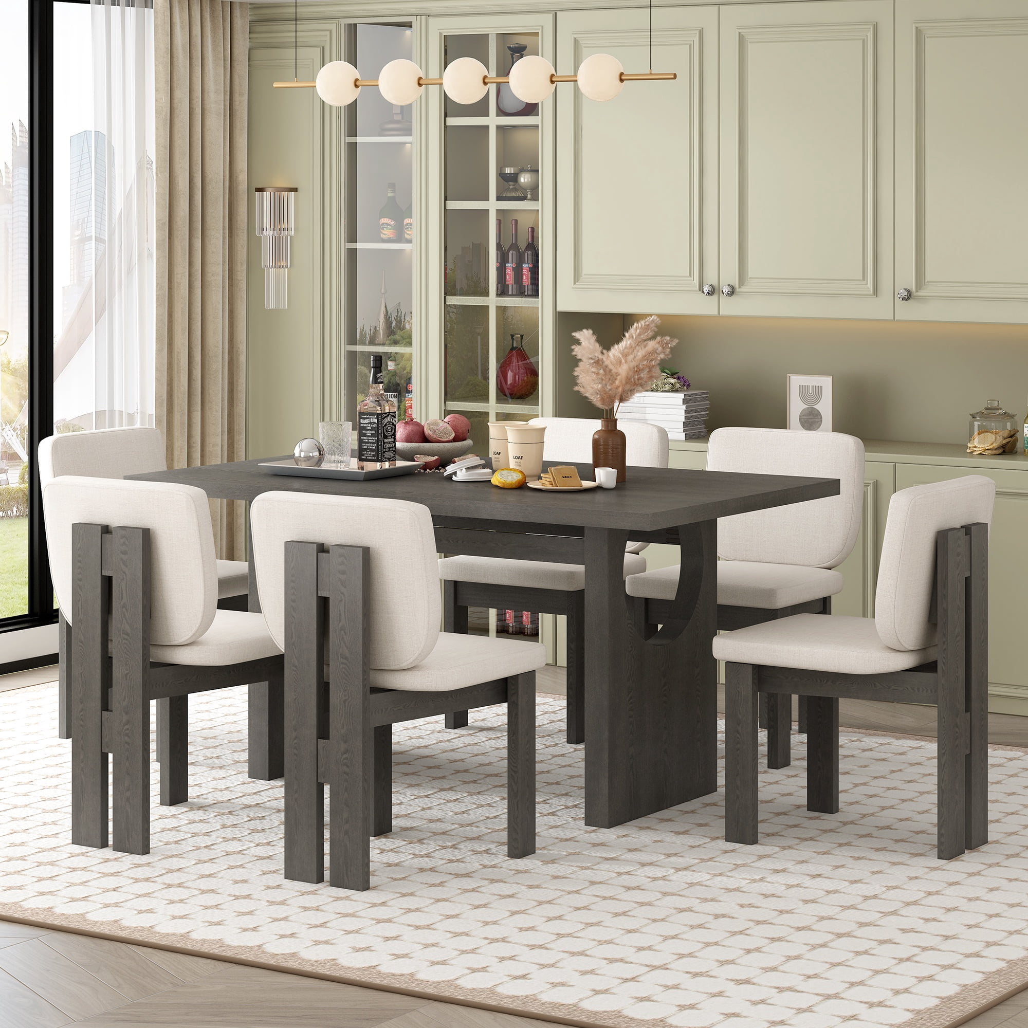 Atumon 7 Piece Wood Dining Table Set for 6 with Beige Cushioned Chairs ...
