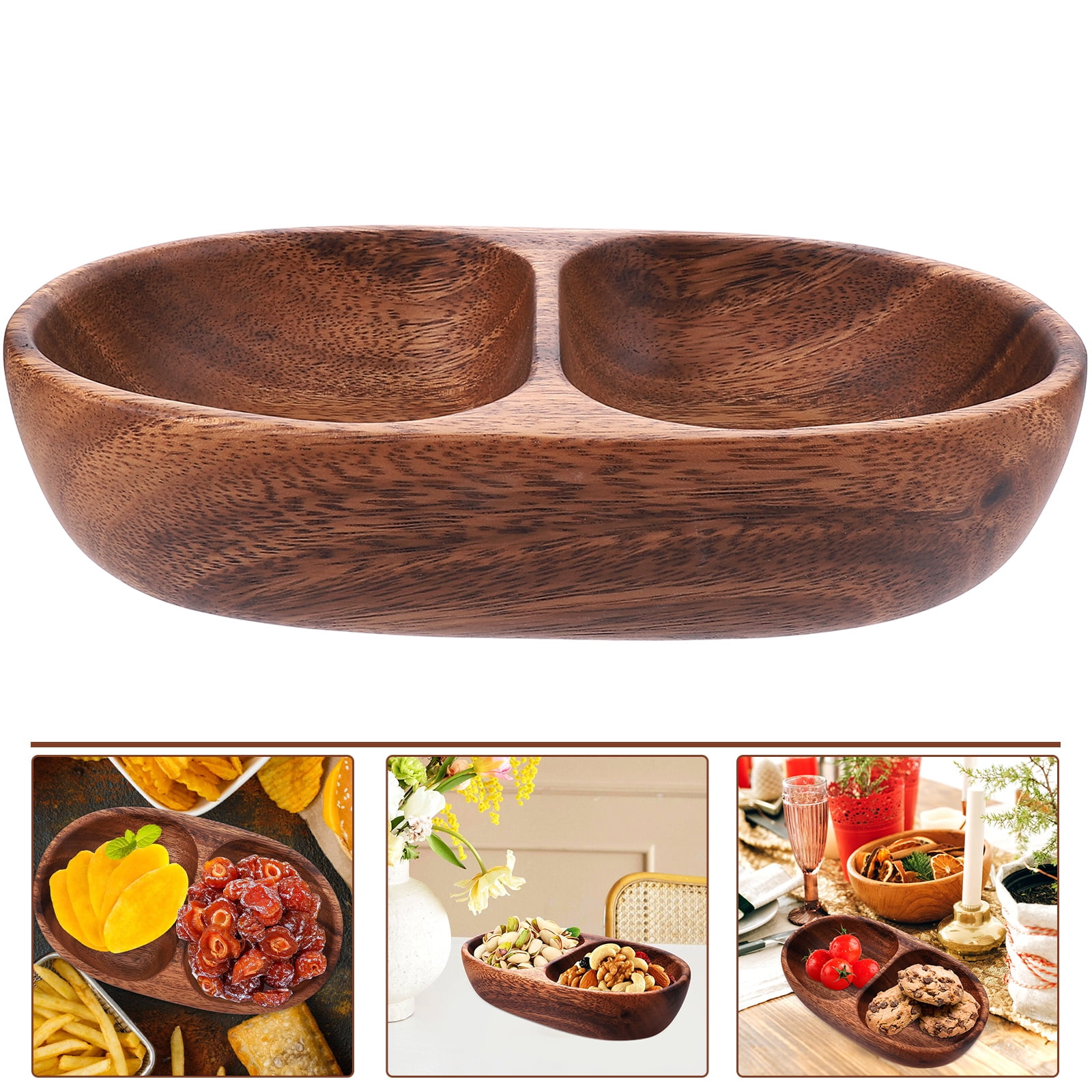 WHAMVOX Wood Compartment Bowl for Home Dark Brown Snack Plate with Wood ...