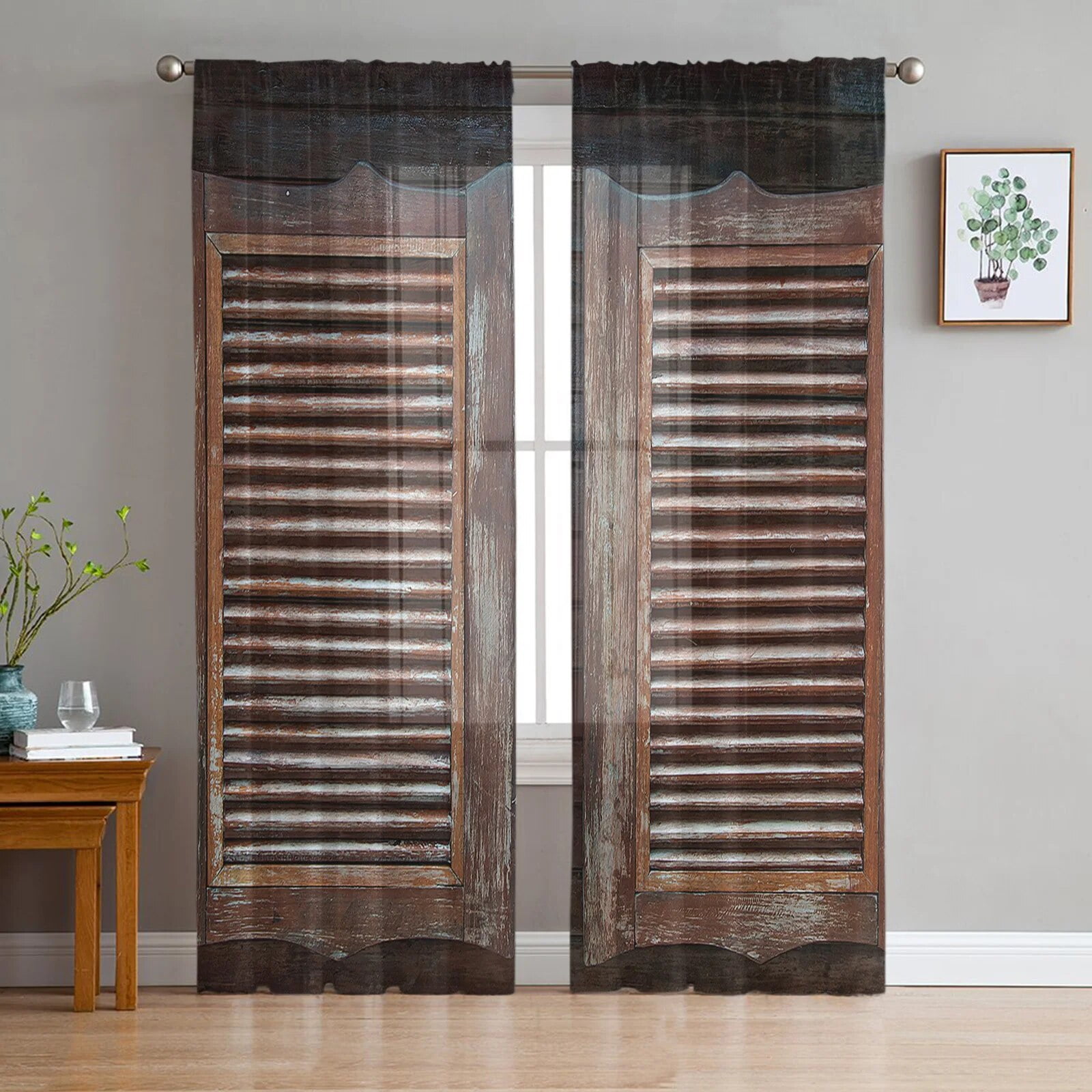 Wood Door Metal Print Sheer Window Panel Curtains Room for Living Room ...