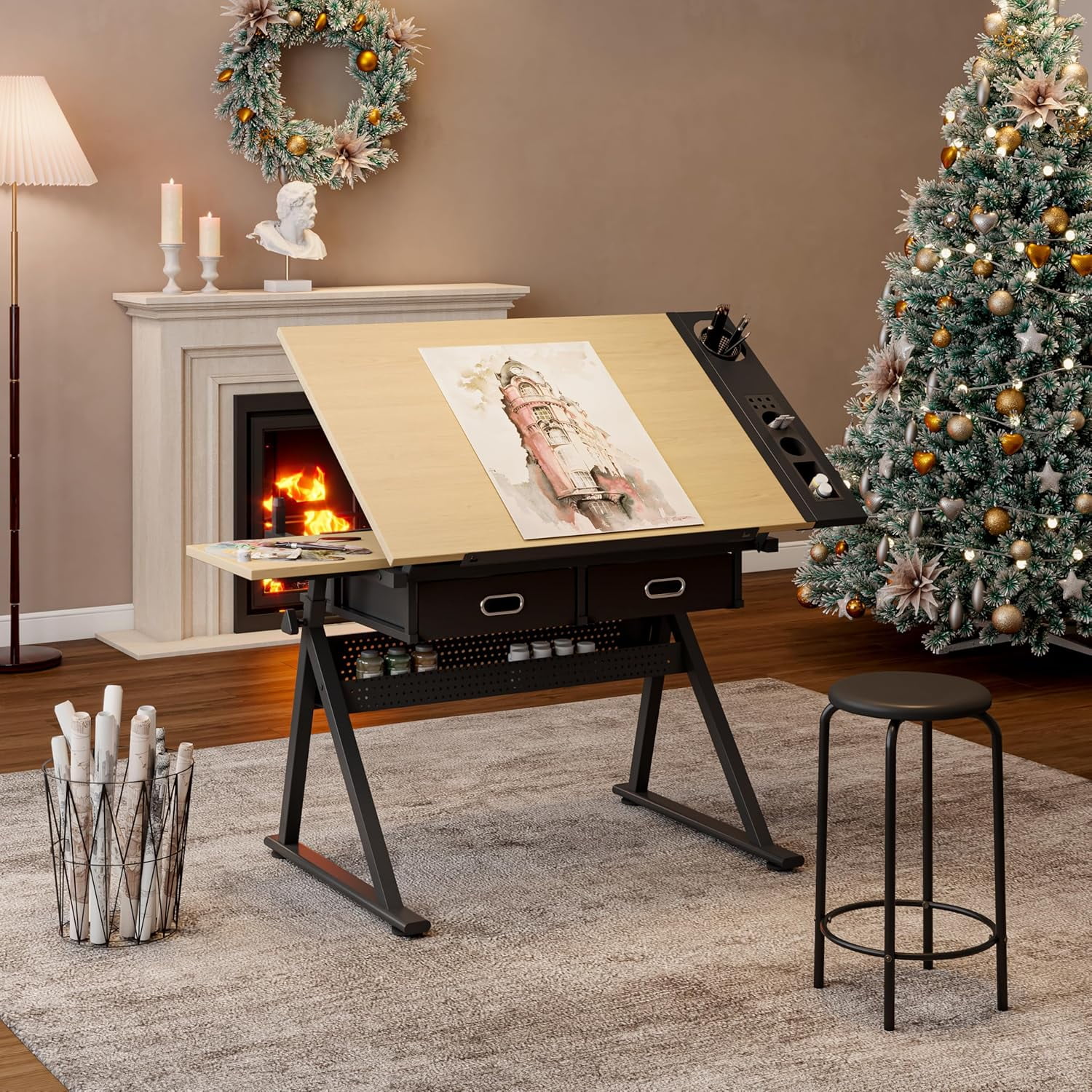 Wood Drafting Table and Stool Set, Adjustable Height Drawing Table ...
