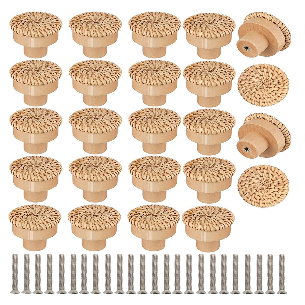 Wood Drawer Knobs Rattan Cabinet Knobs with Screws for Cupboard Boho ...