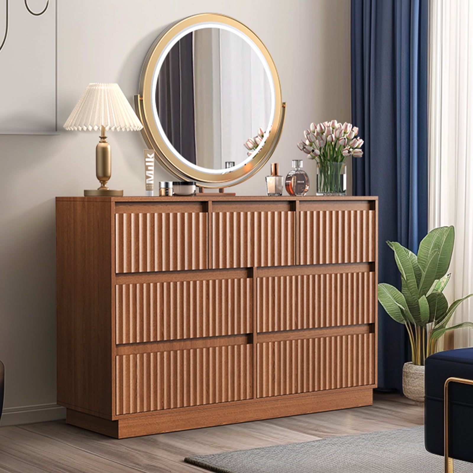 Upgo 7 Drawer Wood Dresser, Wave Design Chest of Drawers, Bedroom ...