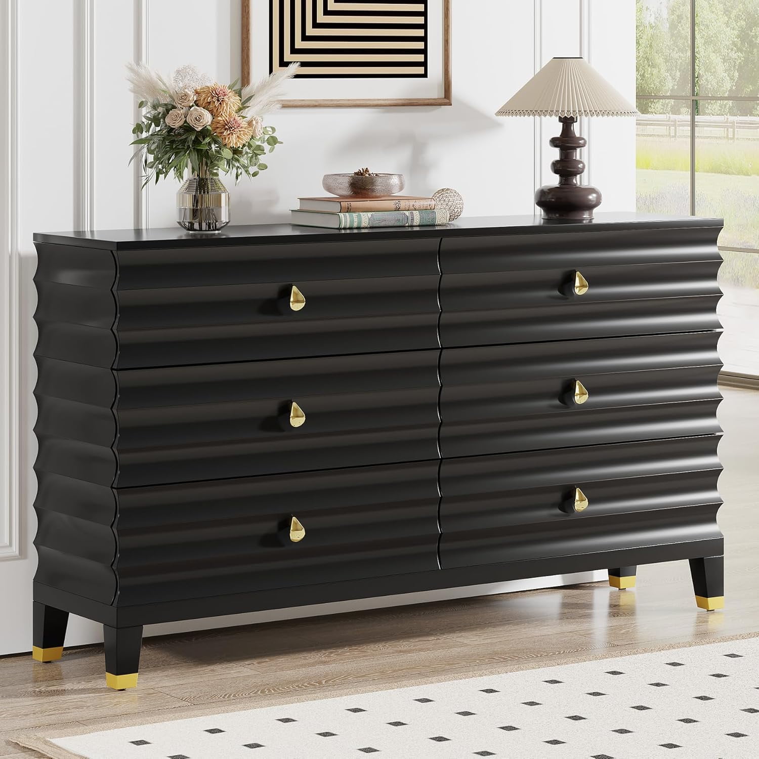 Wood Dresser with 6 Drawers, 55" Wide Chest of Drawers, Modern Black ...