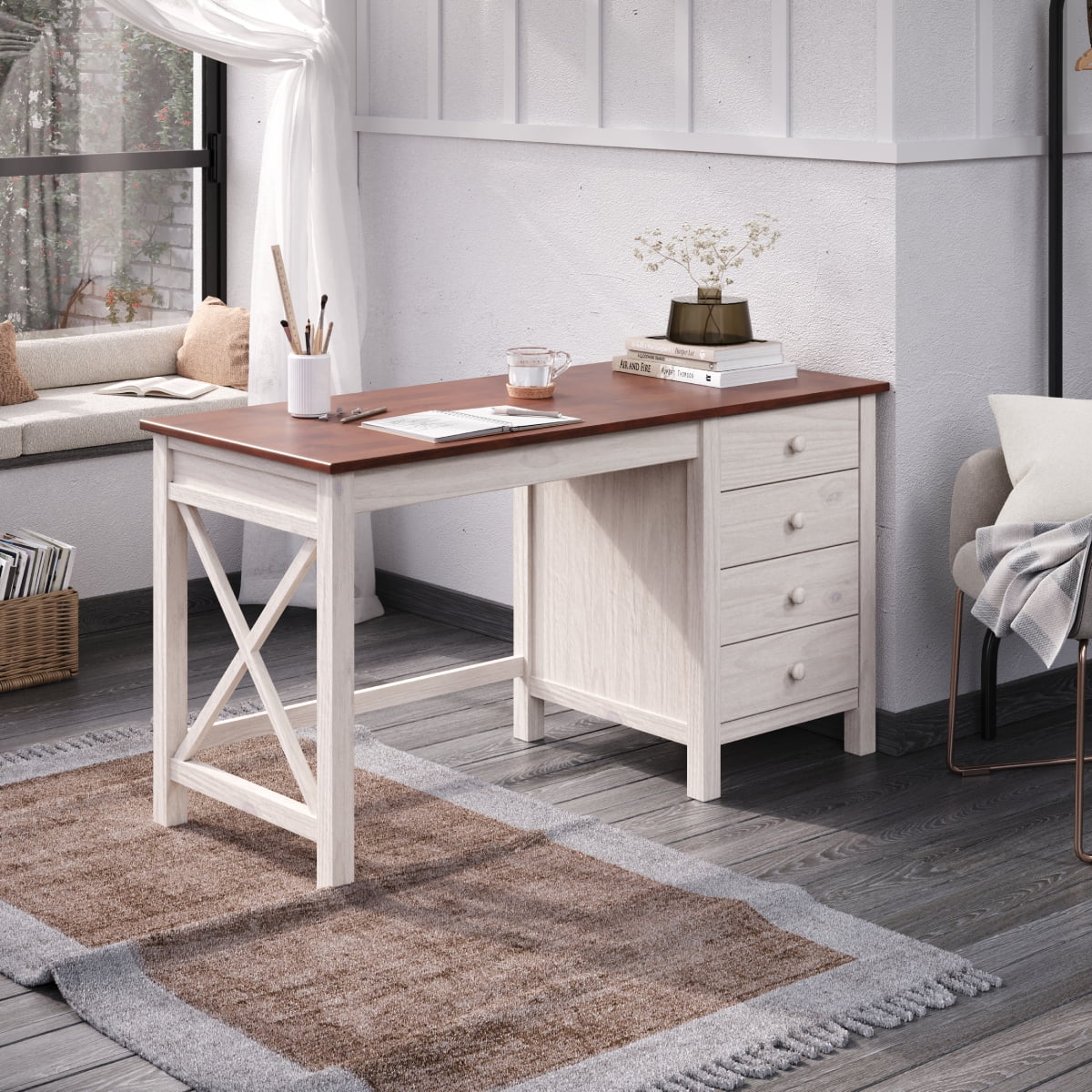 White distressed wood desk store