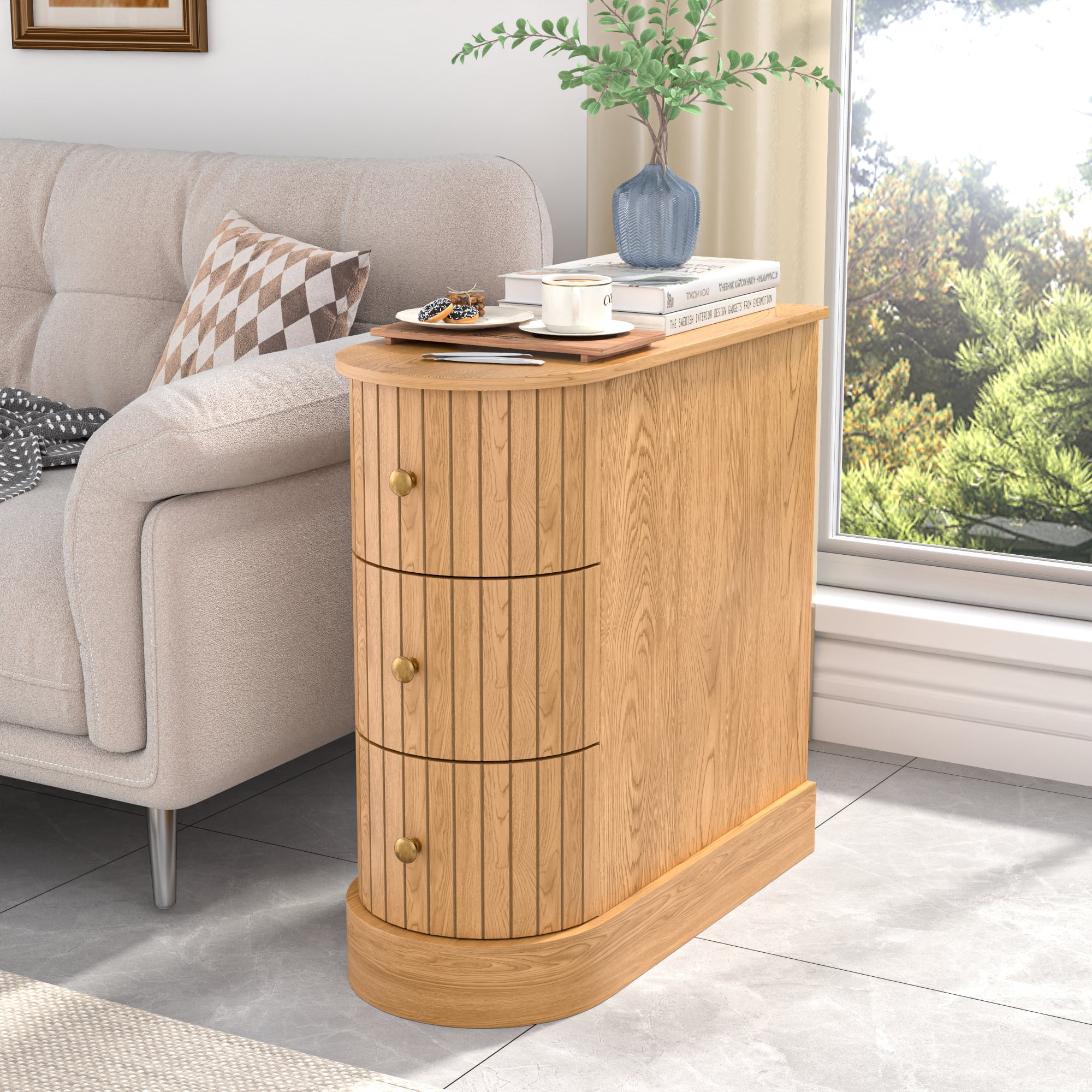 Wood End Table with 3 Drawers, Narrow Sofa Side Table, Nightstand for ...