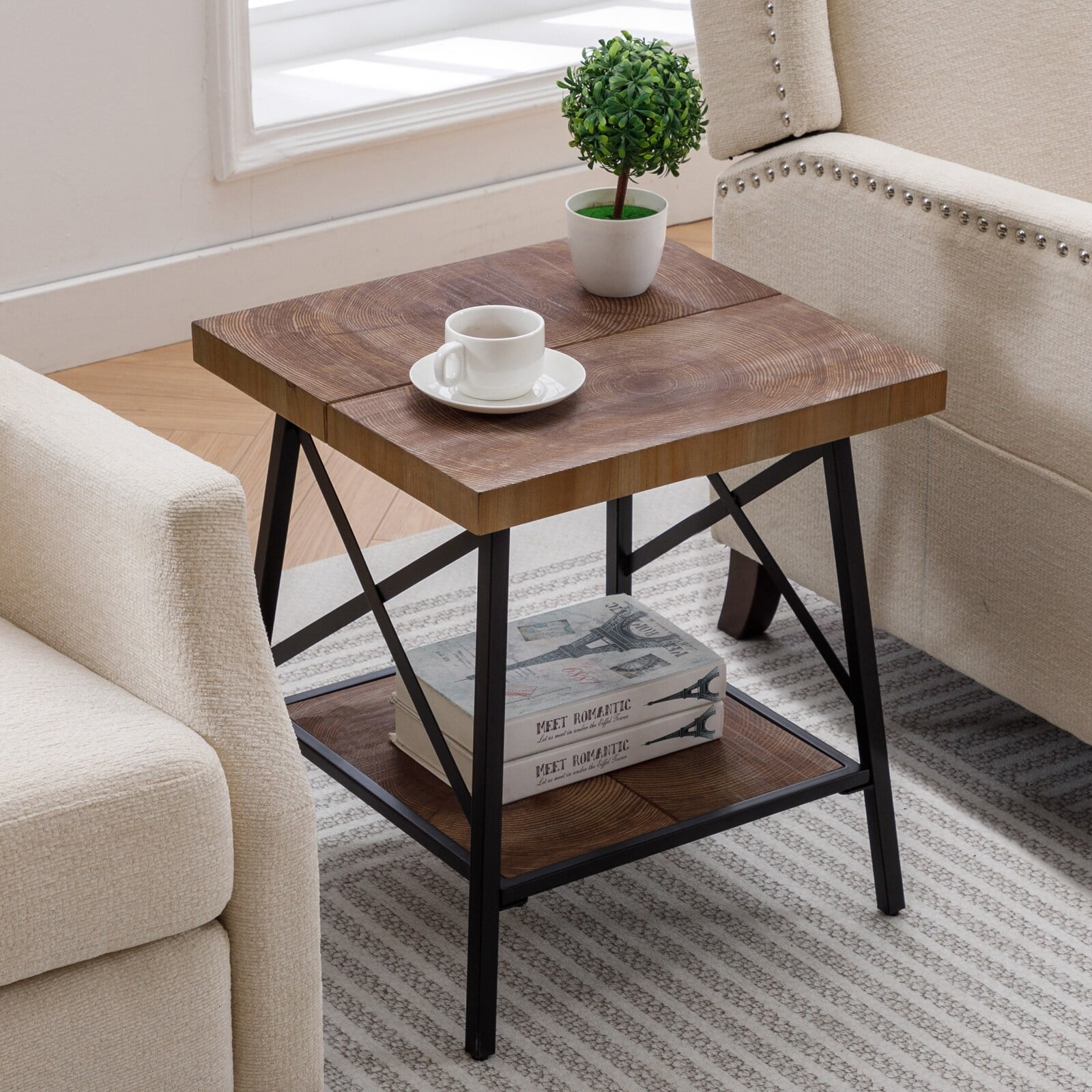 Wood End Table with Storage Shelf,Metal Leg Grey - Walmart.com