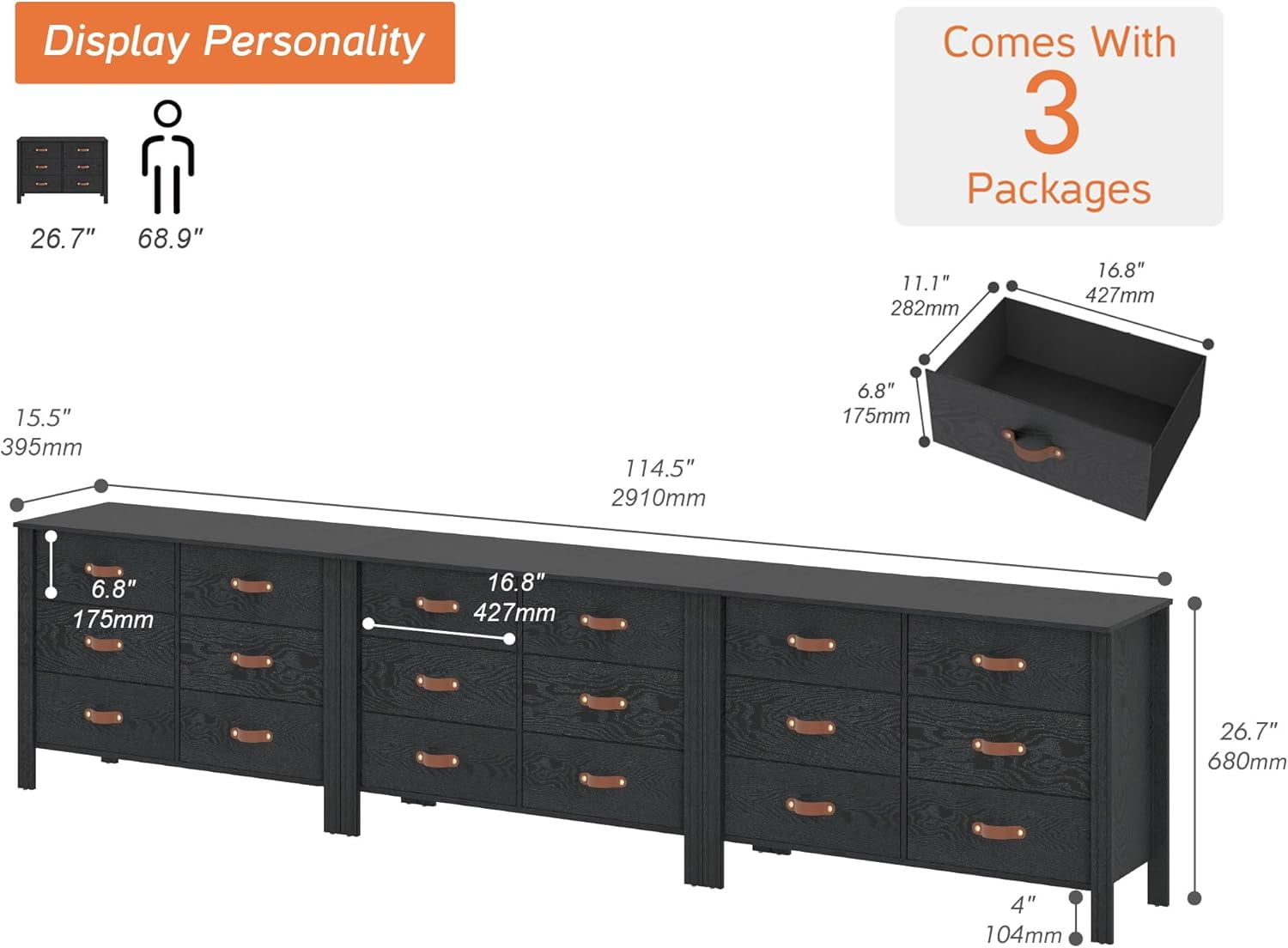 Wood Entertainment Center with 18 Drawers, 3-in-1 TV Stand for 100 Inch ...