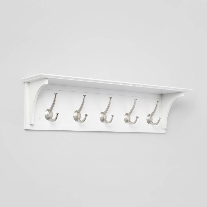 Wood Entryway with Shelf Ivory : Wall Mounted Coat Rack with 5 Hooks ...