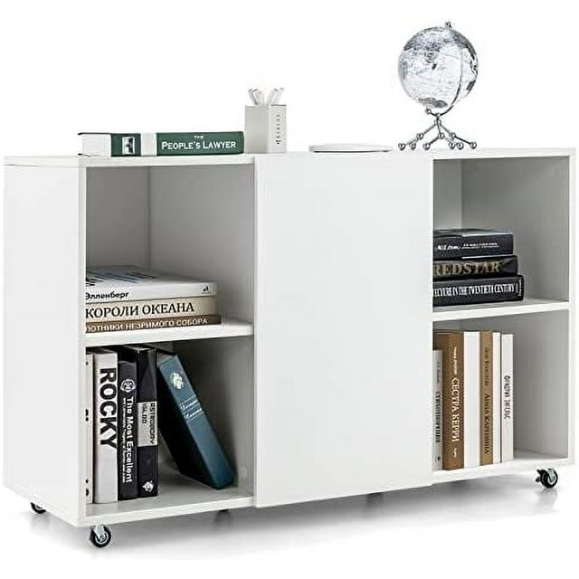 Wood File Cabinet with Wheels Mobile Cabinet with 6 Compartments Open ...