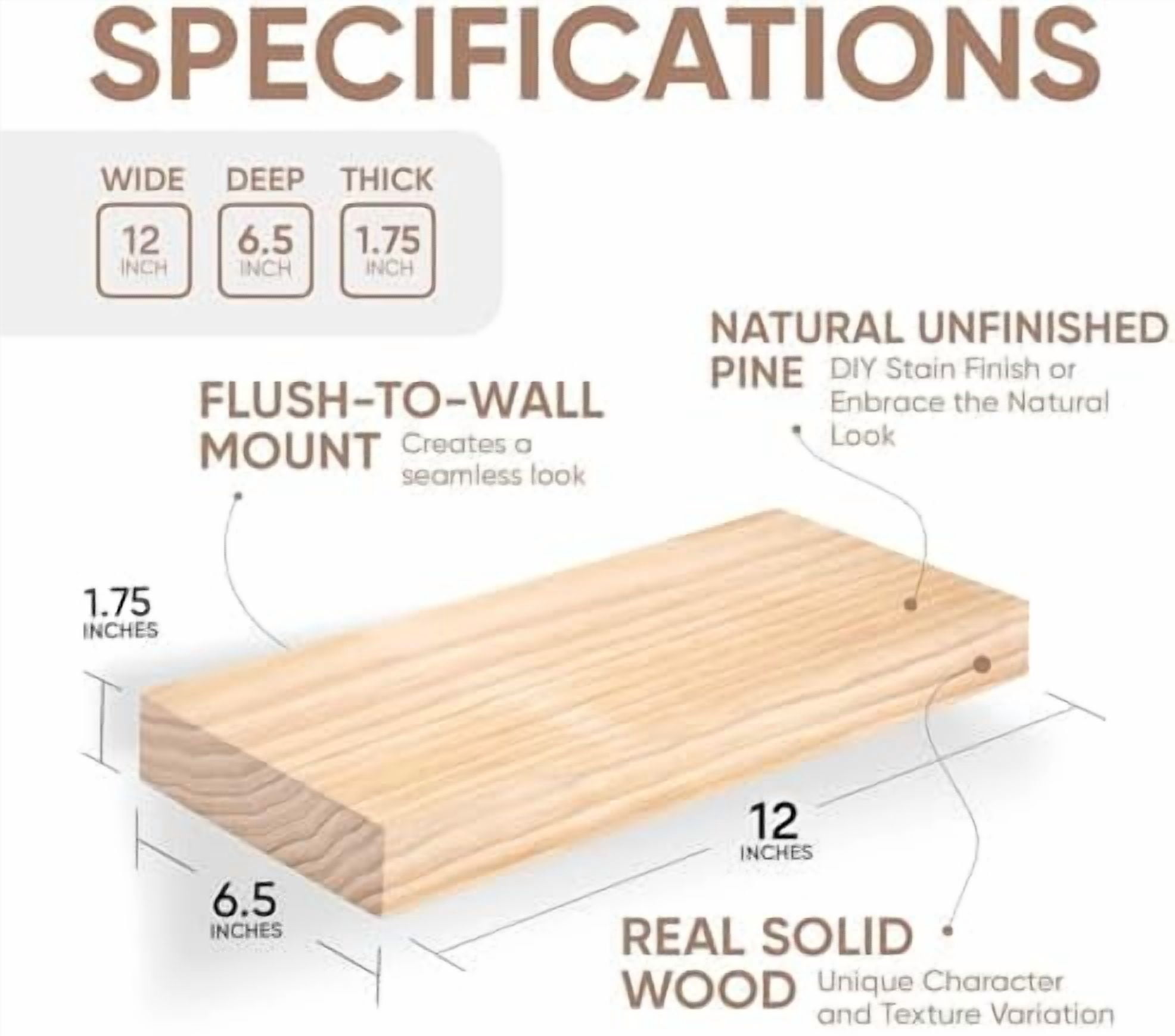 Wood Floating Shelf 12 inch, High End Solid Natural Wood 12inch ...