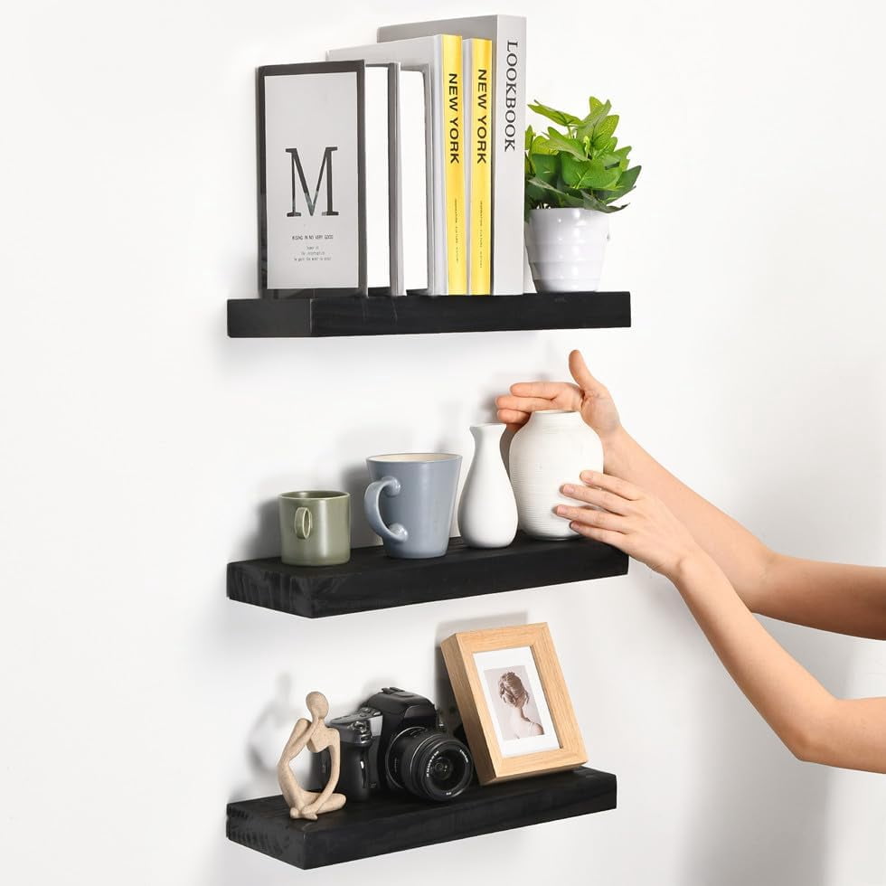 Wood Floating Shelves 16 inch Set of 3, Bathroom Shelves for Wall ...