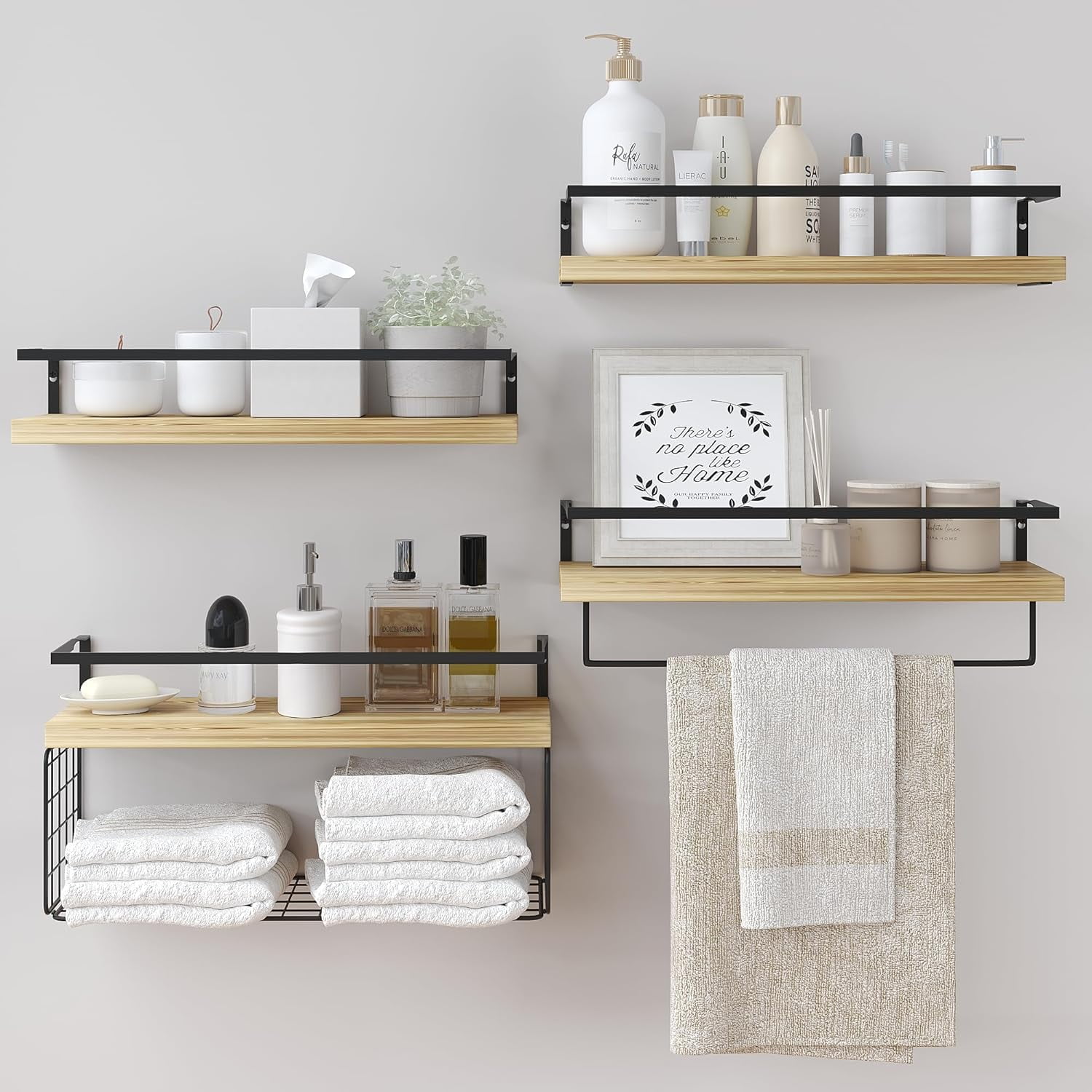 Wood Floating Shelves Wall Mounted - 4+1 Tier Rustic Bathroom Wall ...