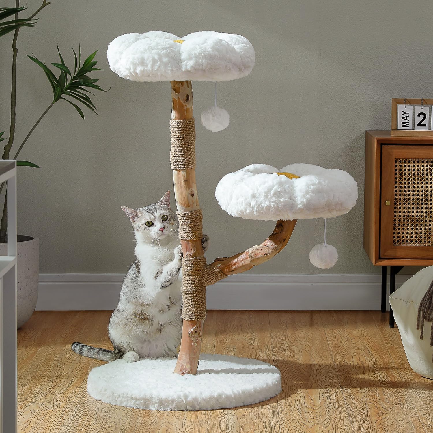 Wood Flower Cat Tree, Modern Cat Tower with Real Wood Branches, Luxury ...
