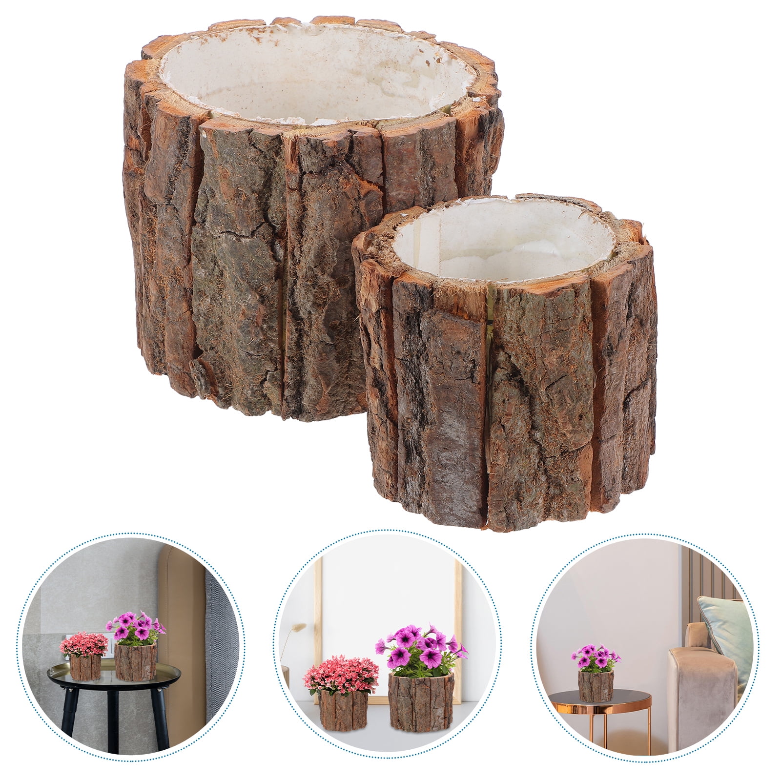 Wood Flower Pot, 6Pcs Wood Bark Flower Pot Rustic Succulent Planter ...