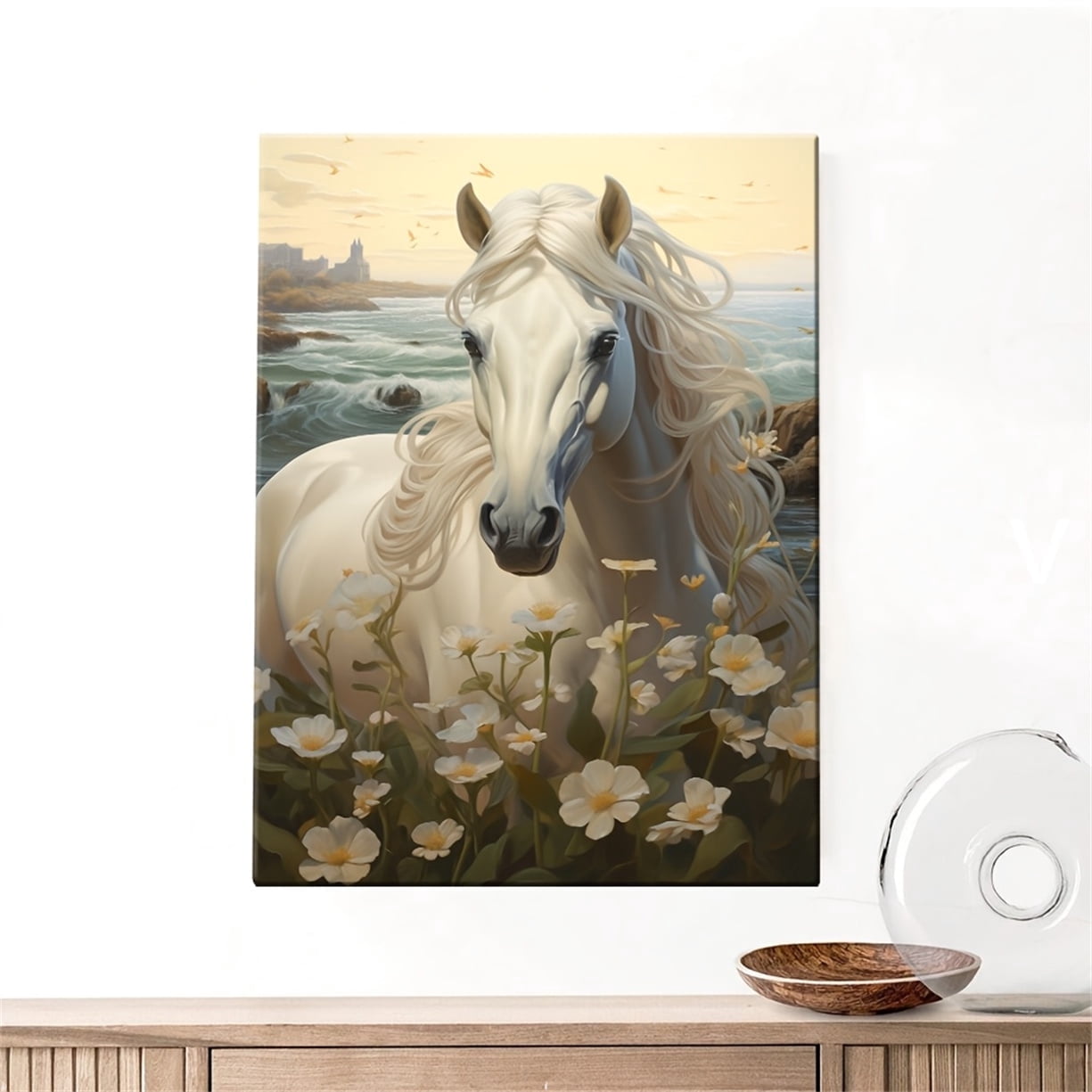 A Wood Framed Poster Showing a Beautiful White Horse with a Long Mane ...