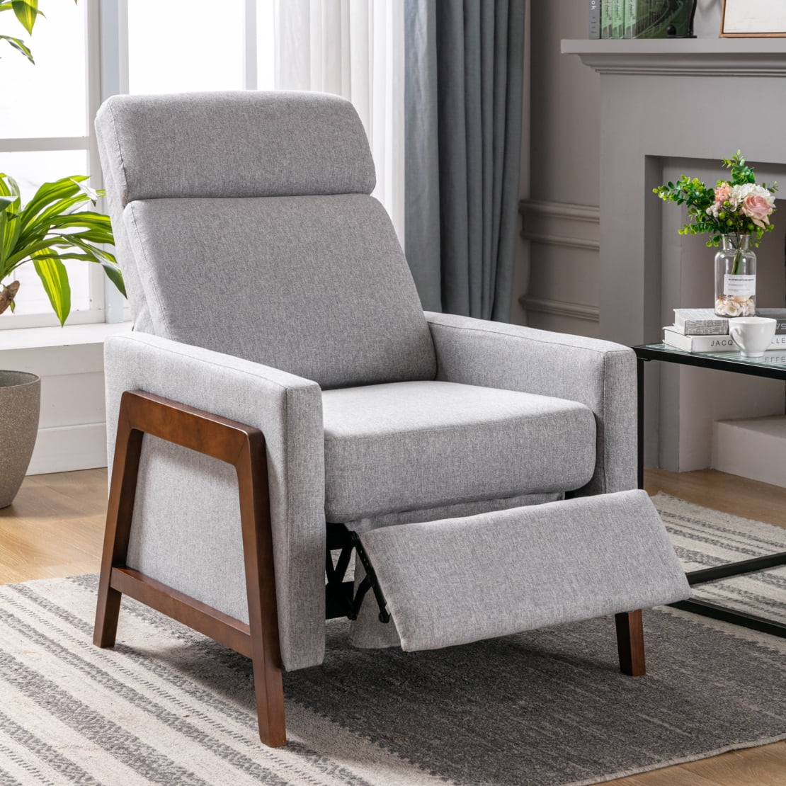 Wood-Framed Upholstered Recliner Chair, PU Leather Lounge Sofa Chair ...