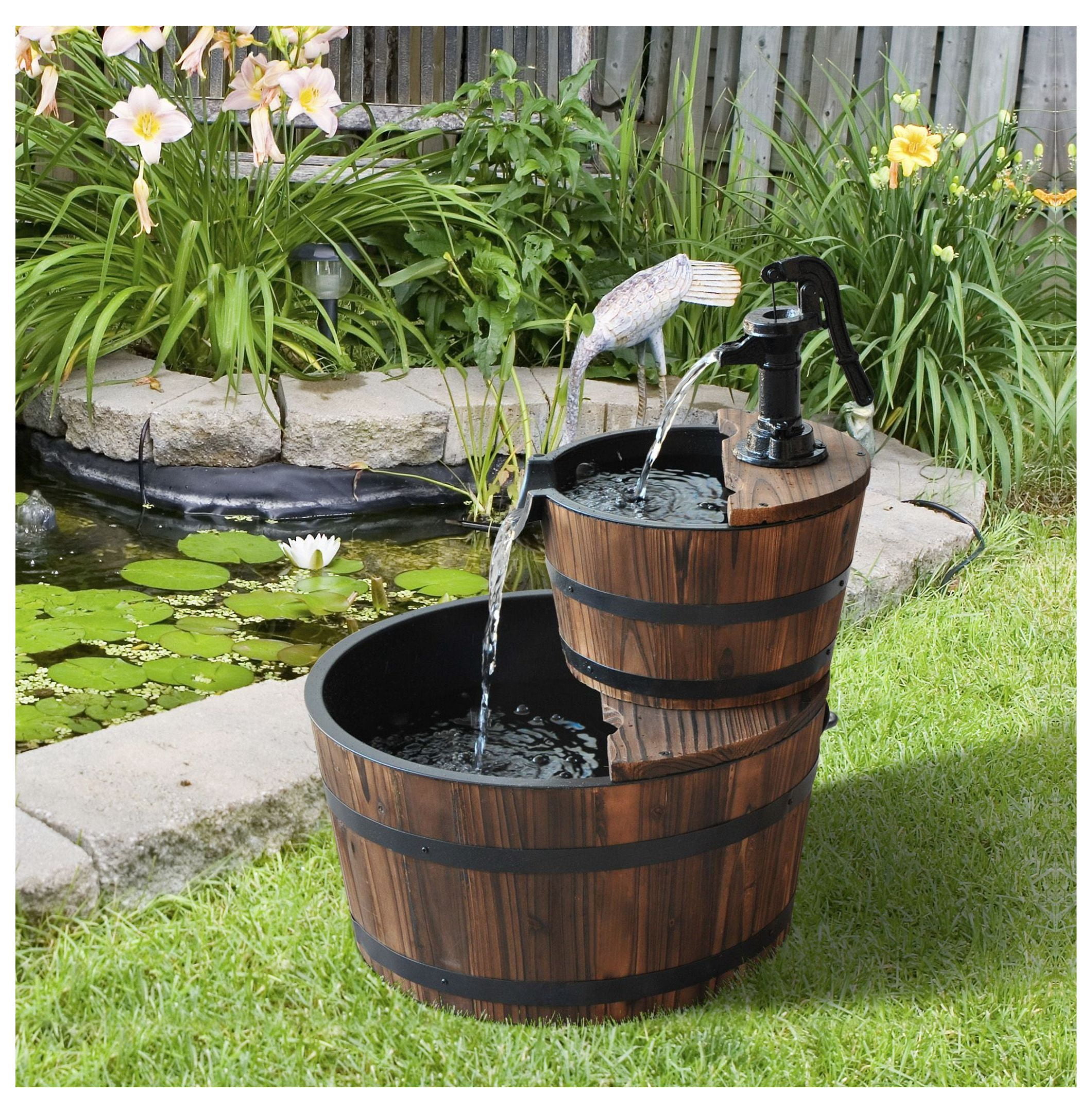 Wood Freestanding Fountain 2 Tier Waterfall Barrel, Electric Pump ...