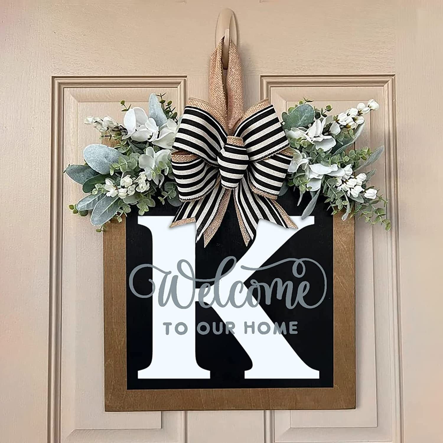 Wood Front Door Garland with Green Plants Linen Bows A-Z 26 Letter ...