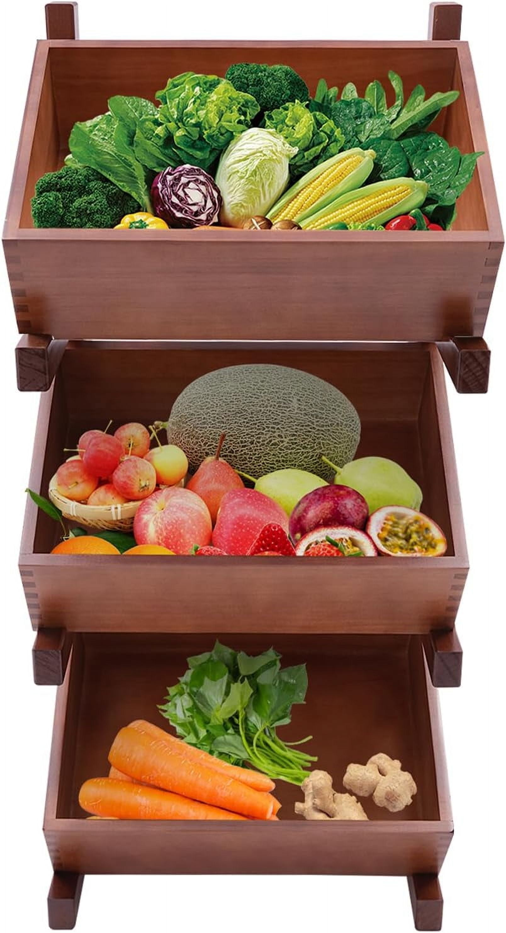 Wood Fruit and Vegetable Basket Stand Rack for Kitchen, 3 Tier Fruit ...