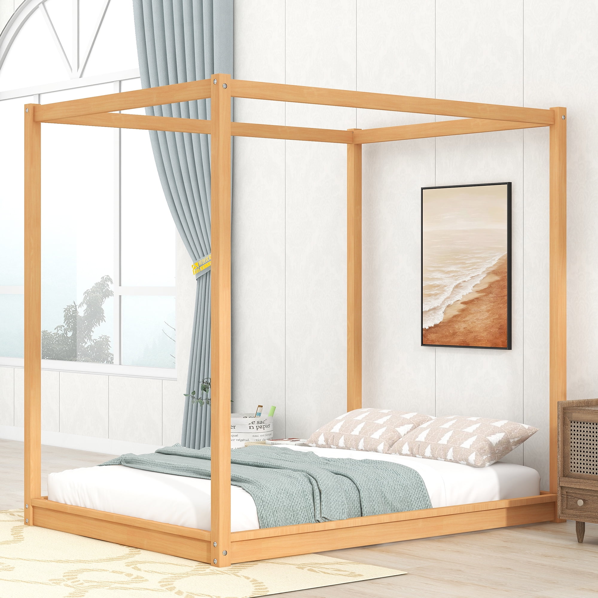 Wood Full Size Canopy Platform Bed with Support Frame for Bedroom ...