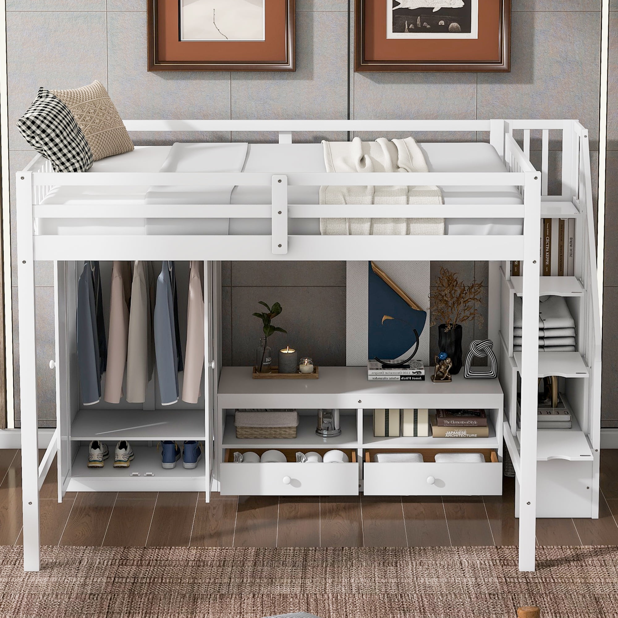 Wood Full Size Loft Bed Frame with Wardrobe, Low Storage Table and ...