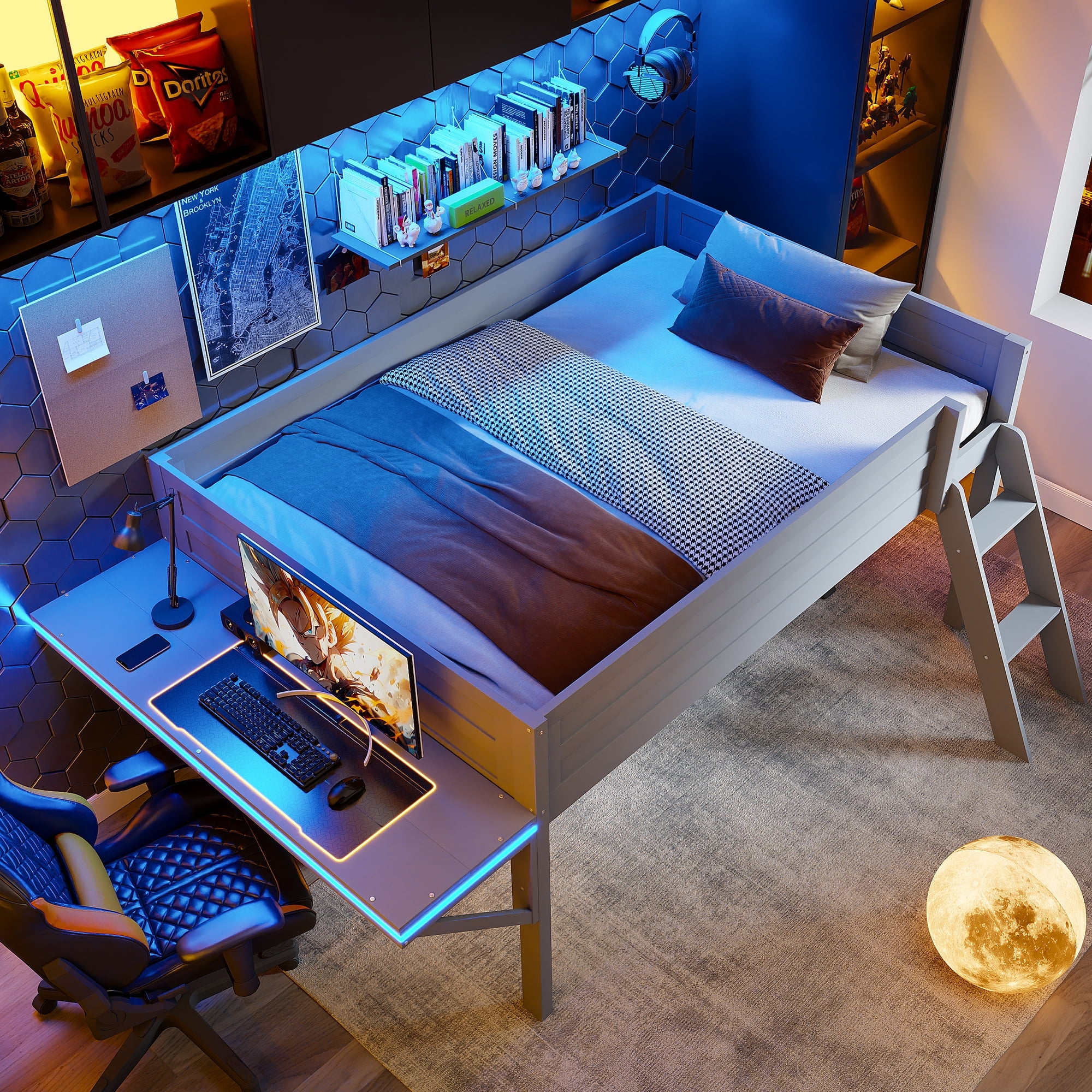 Wood Full Size Solid and Stable Gaming Loft Bed with Desk and Led (Grey ...